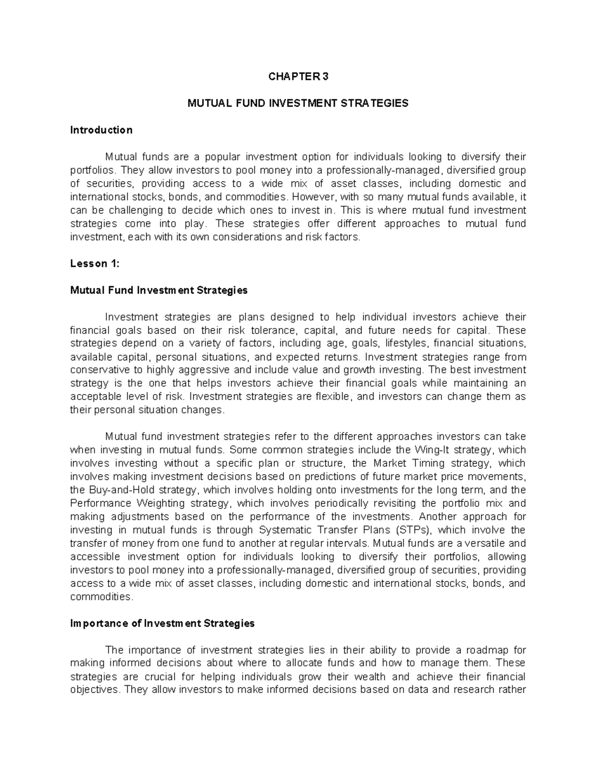 Chapter 3. Mutual Fund Investment Strategies - CHAPTER 3 MUTUAL FUND ...