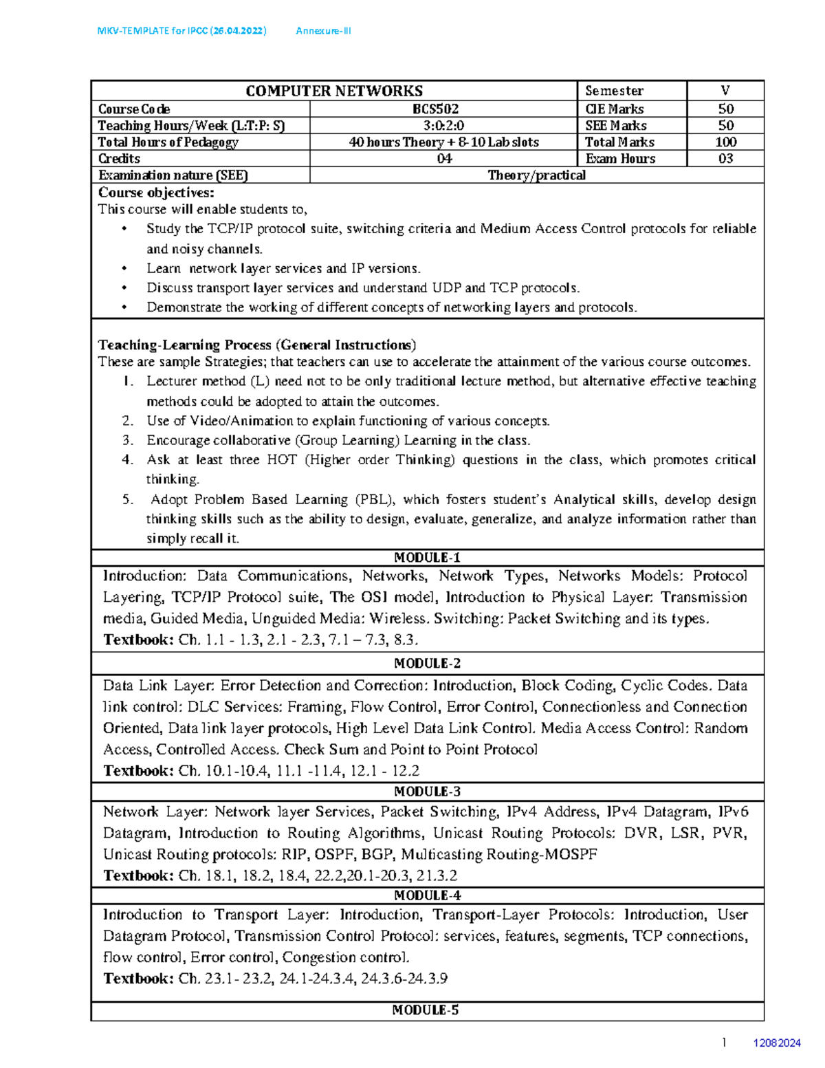 BCS502 Syllabus - COMPUTER NETWORKS Semester V Course Code BCS502 CIE Marks 50 Teaching Hours ...