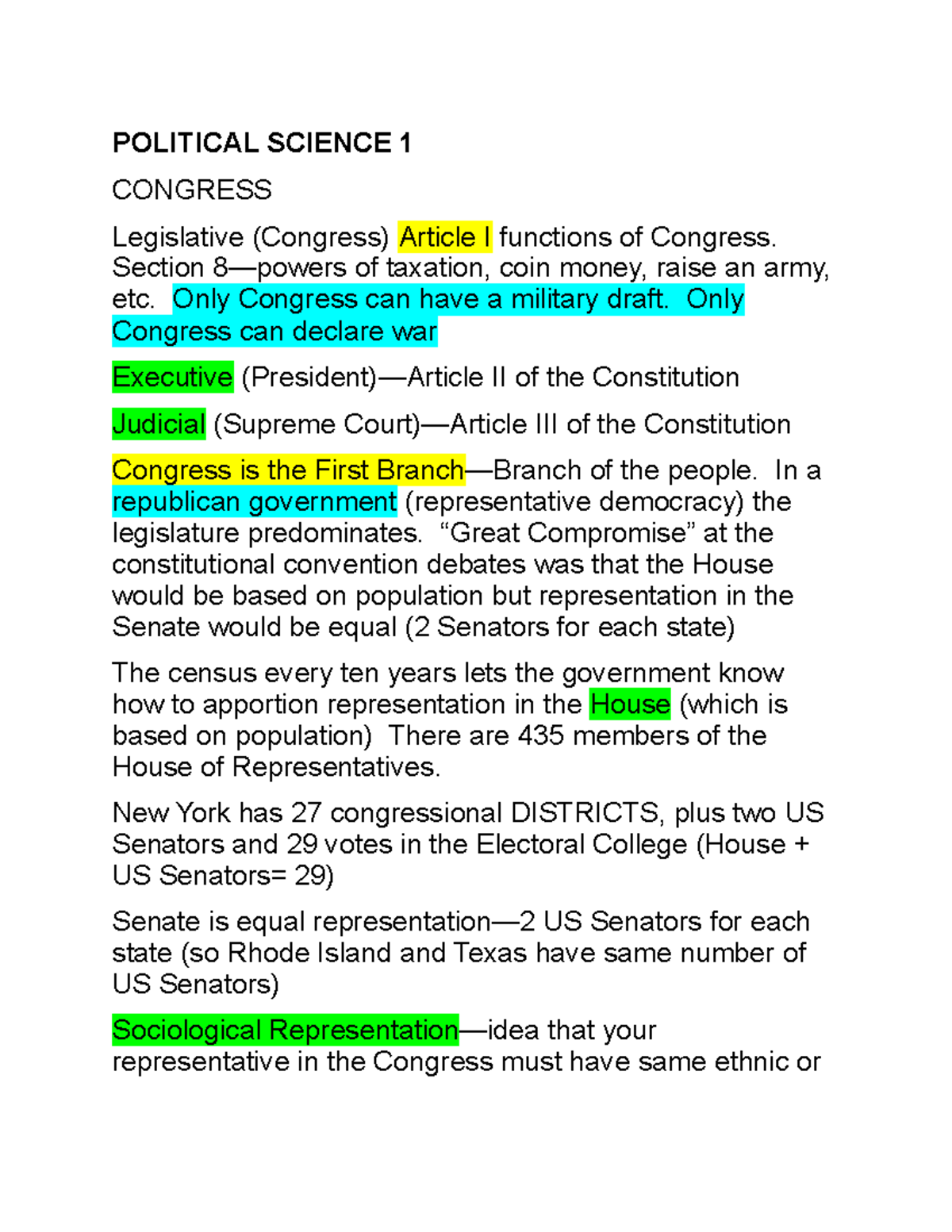 Lecture Notes 10 06 2020 - POLITICAL SCIENCE 1 CONGRESS Legislative ...