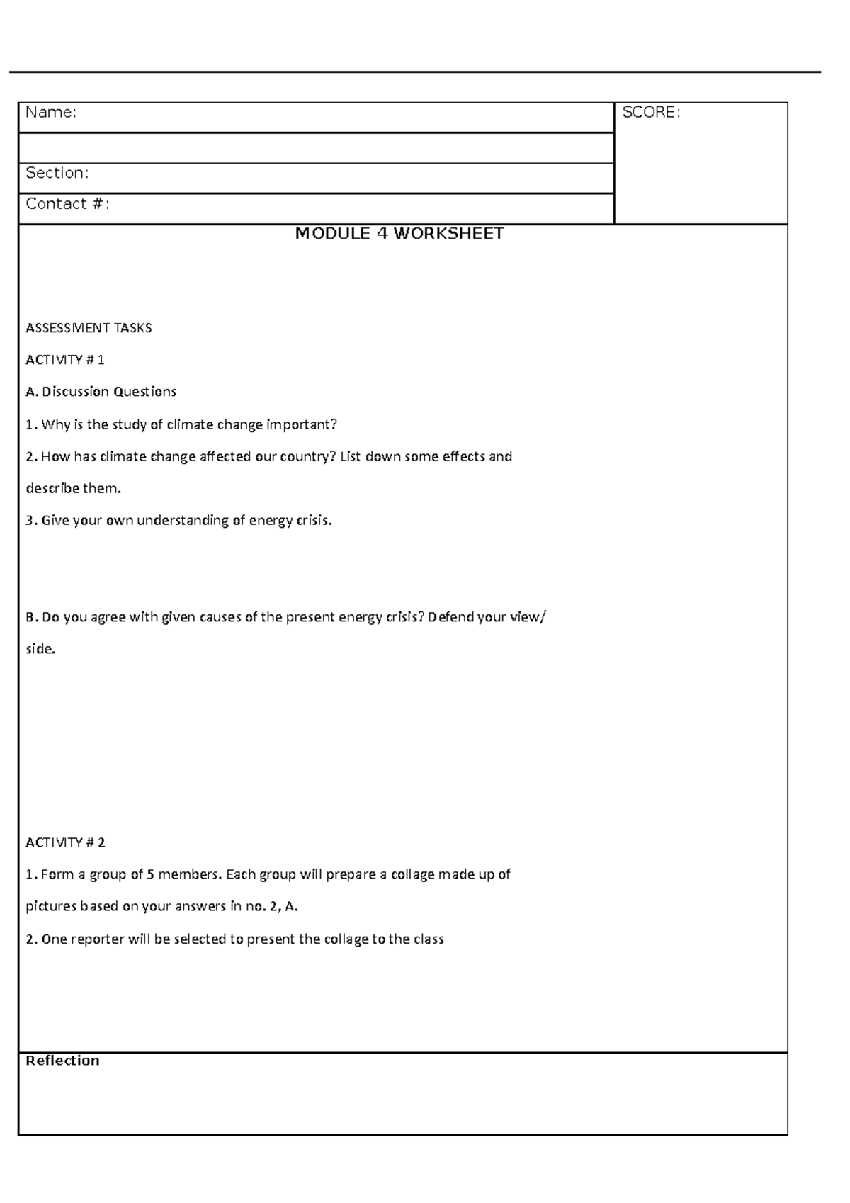 Occ-module-4 (1) (1) - Scirpt - Name: SCORE: Section: Contact #: MODULE ...