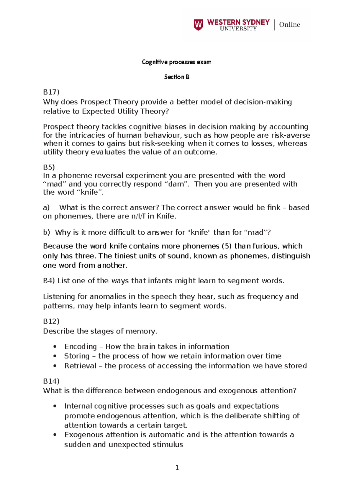 Cognitive processes exam april 27 - Cognitive processes exam Section B B17) Why does Prospect ...