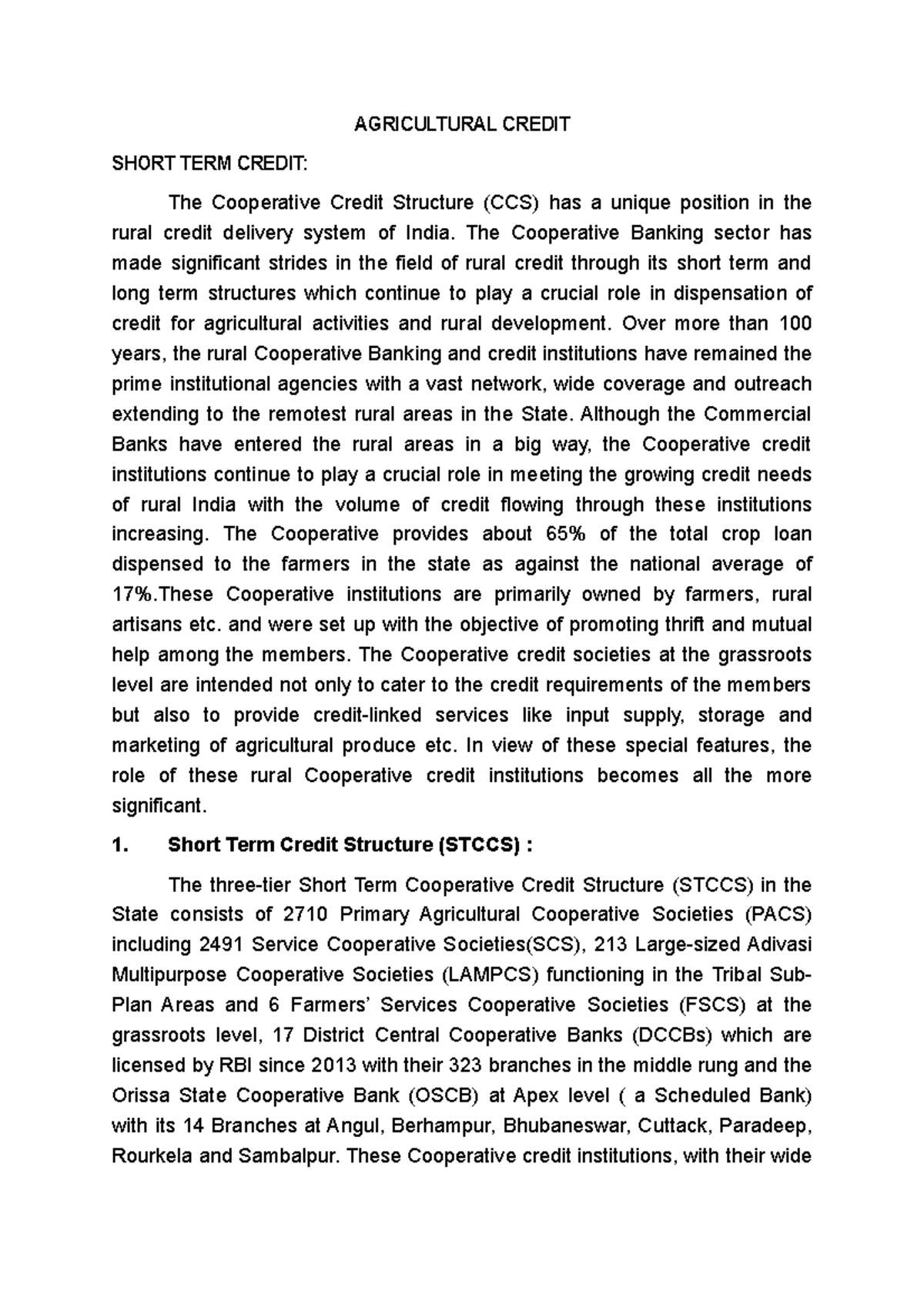Short TERM Credit - AGRICULTURAL CREDIT SHORT TERM CREDIT: The ...