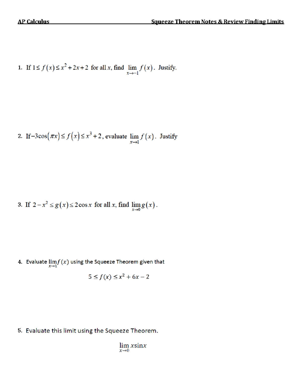 2021 AB Squeeze Theorem Notes with Review - APMA 1090 - AP Calculus ...