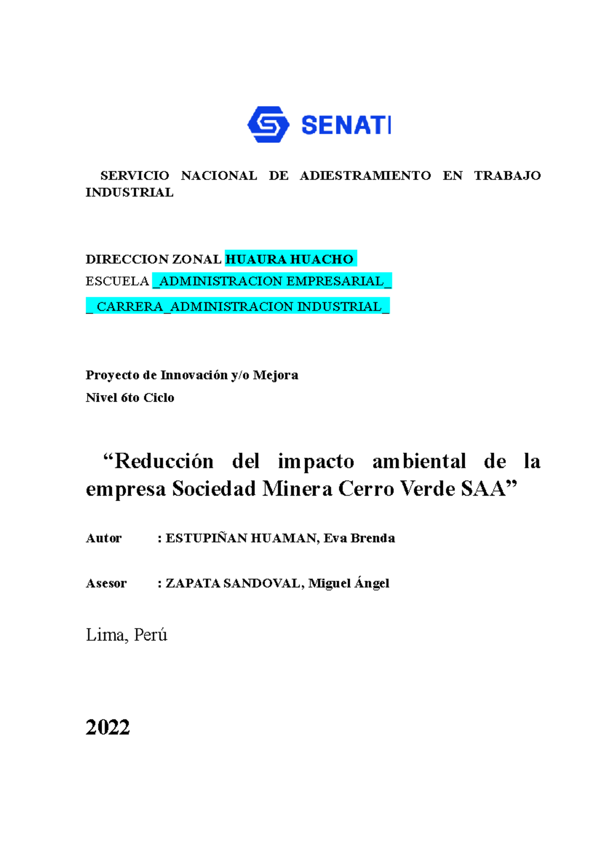 Proyecto Sociedad Minera Cerro Verde SAA 2022-22 - SERVICIO NACIONAL DE ...