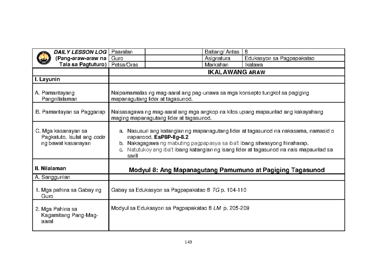 Es P DLL 8 Module 8 2nd day - DAILY LESSON LOG (Pang-araw-araw na Tala ...