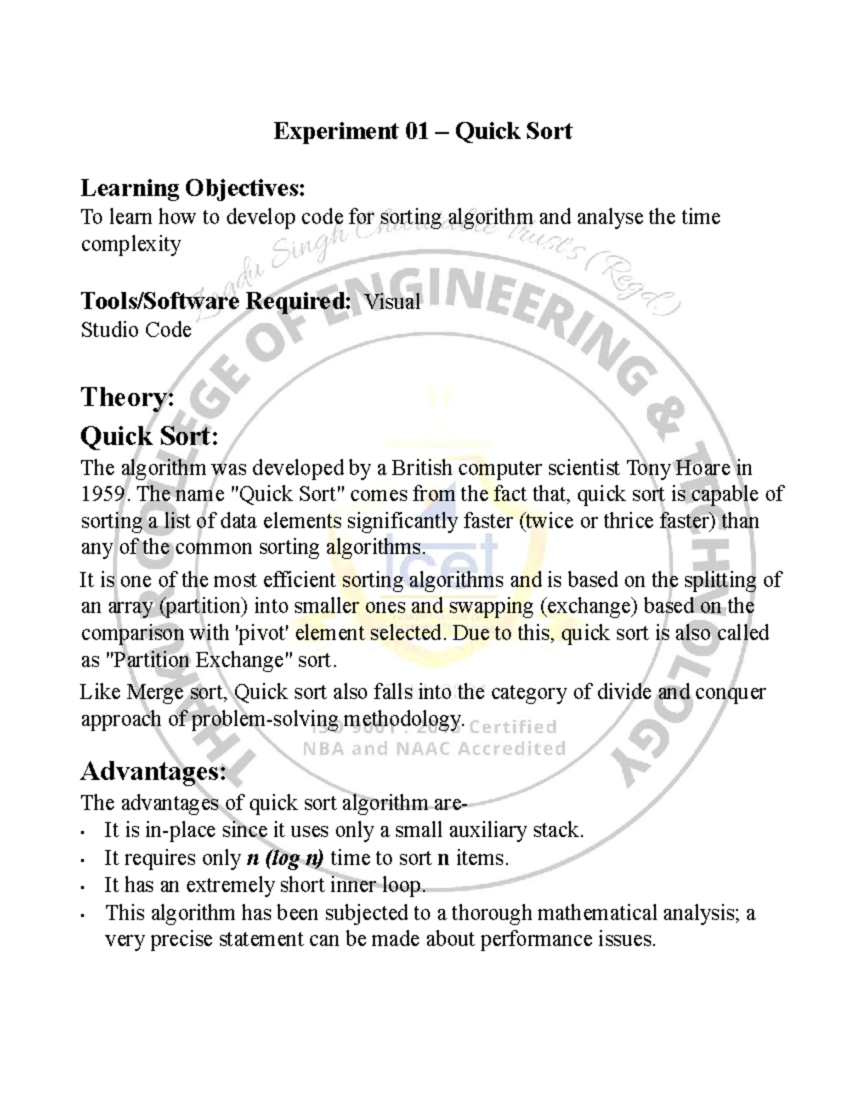 DAA EXP 01 - no desc - Experiment 01 – Quick Sort Learning Objectives ...
