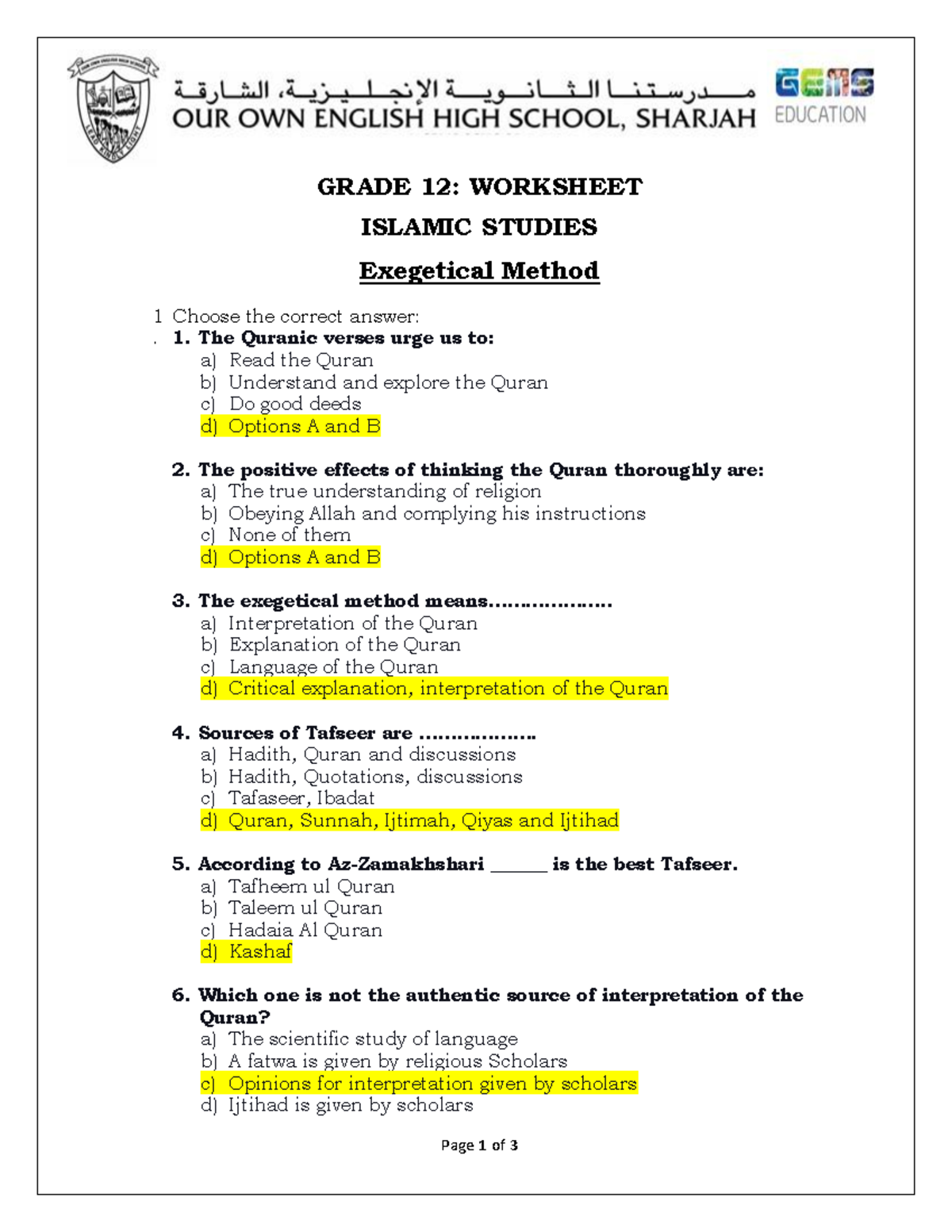 Islamic - worksheet copy - Page 1 of 3 GRADE 12: WORKSHEET ISLAMIC ...