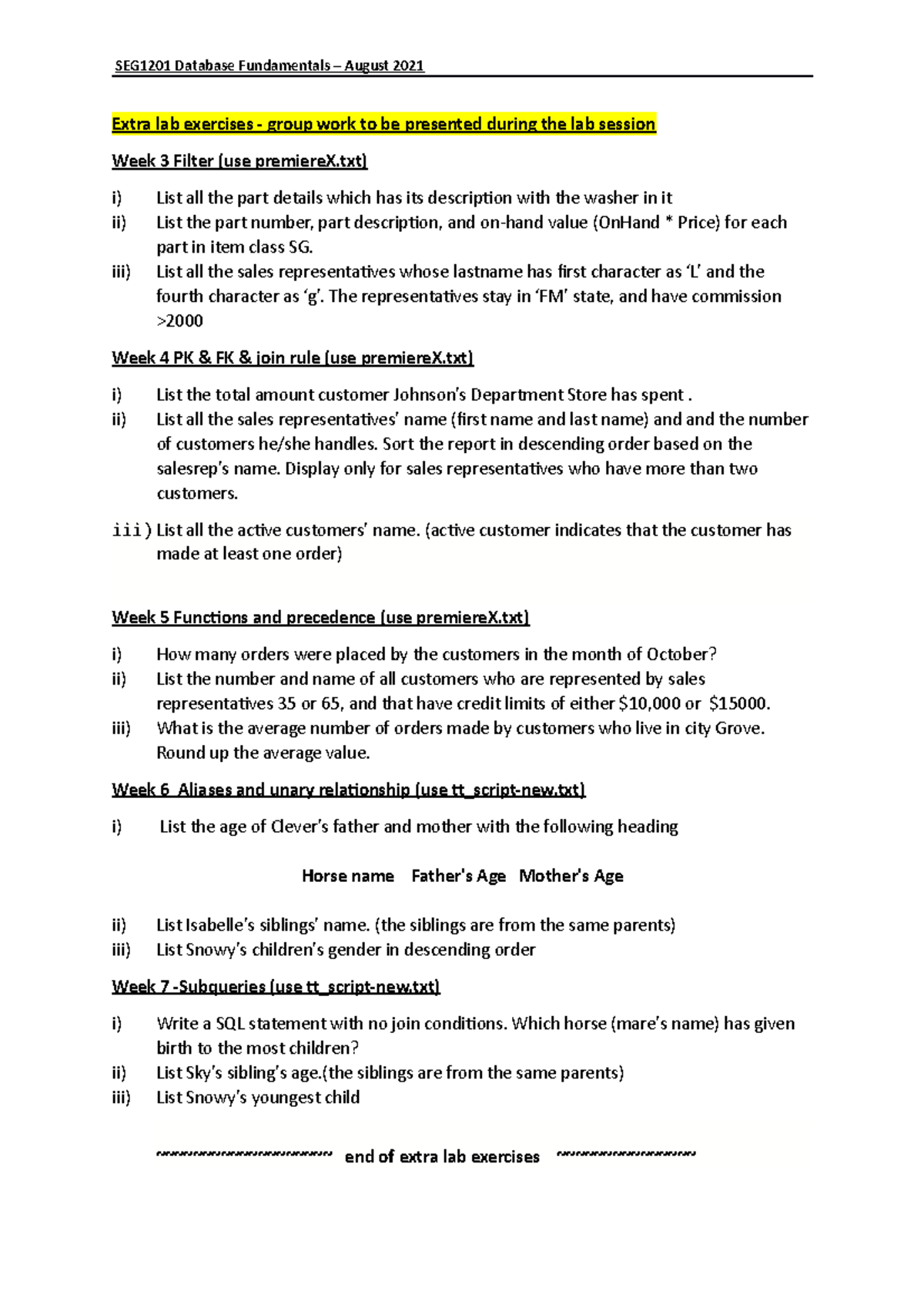Extra lab Questions Aug2021 - Database fundamentals - Studocu