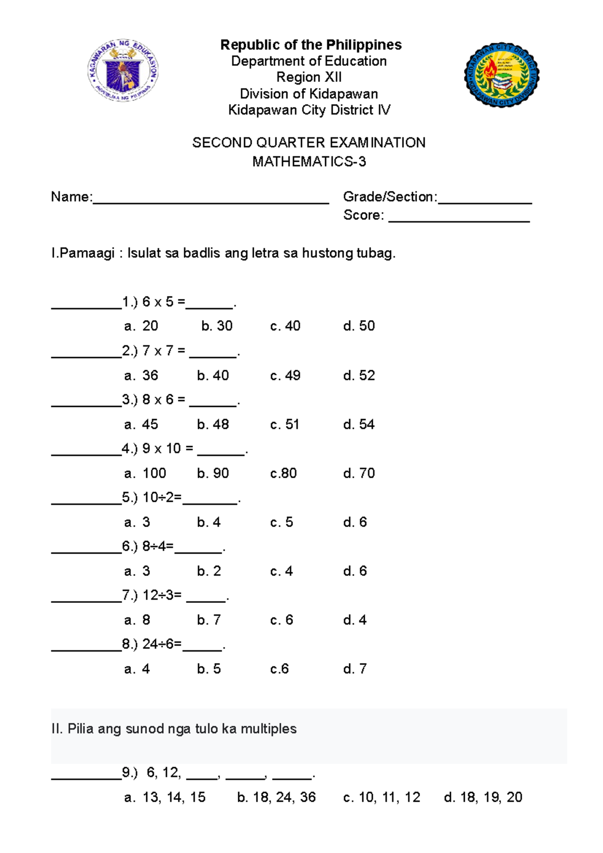 MATH 3 Q2 Periodical Examination - Republic of the Philippines ...
