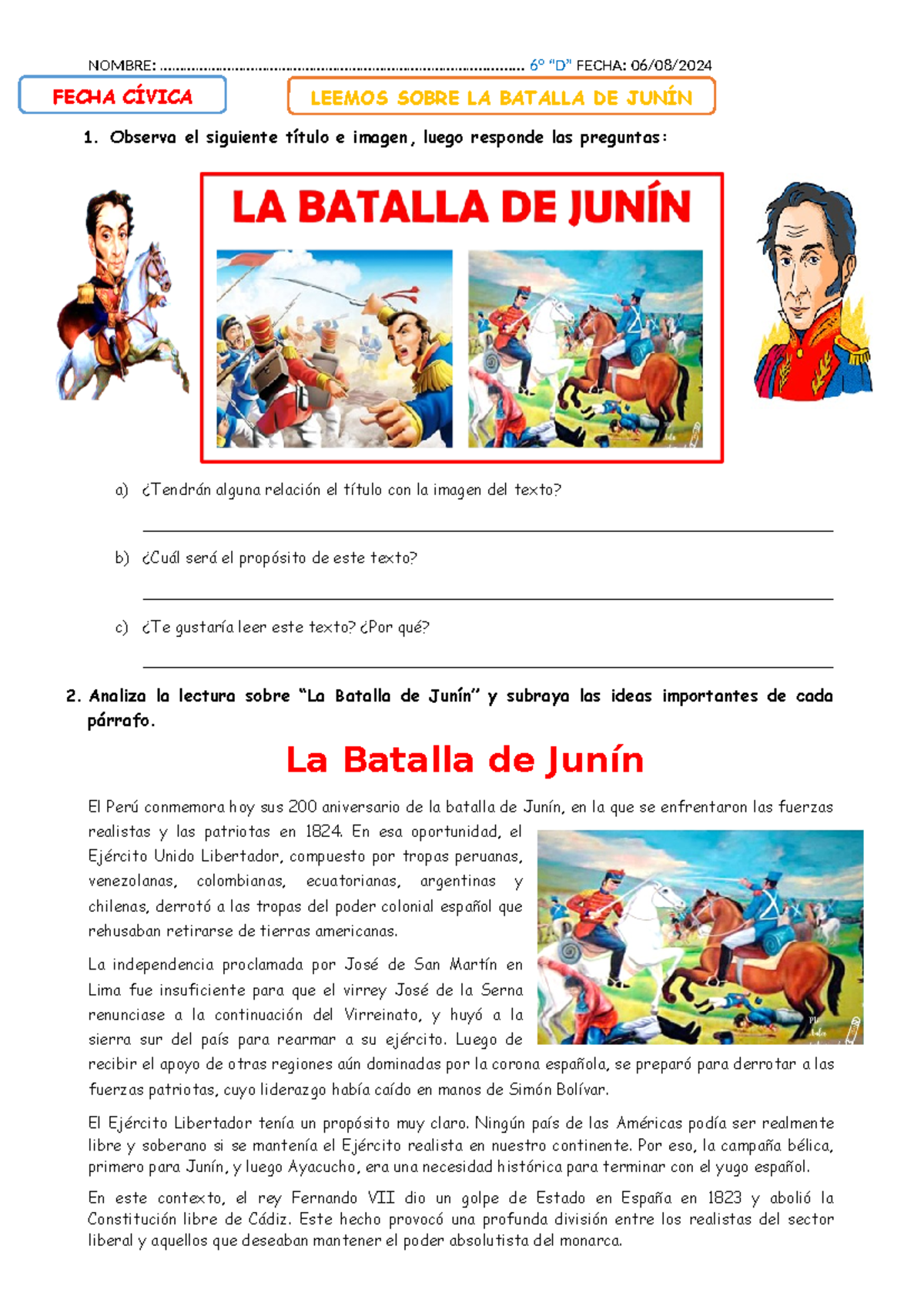 Ficha-MART 6-8 Fecha Cívica- Leemos Sobre LA Batalla DE Junín - NOMBRE: - Studocu