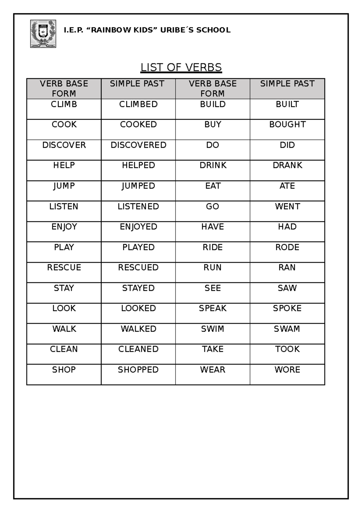 Hojas noviembre - ANSWER THE QUESTIONS - LIST OF VERBS VERB BASE FORM ...