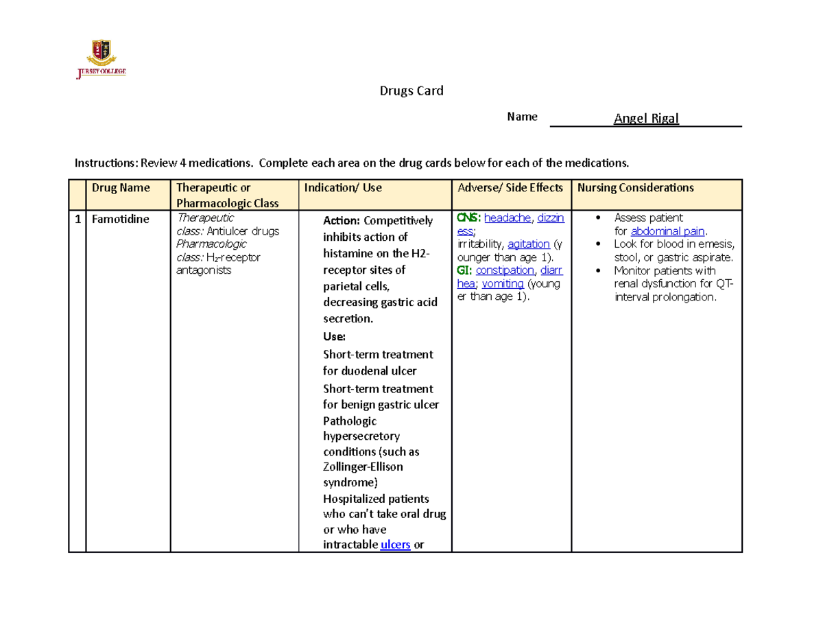 drug cards assignment 5 - Drugs Card Name Angel Rigal Instructions ...
