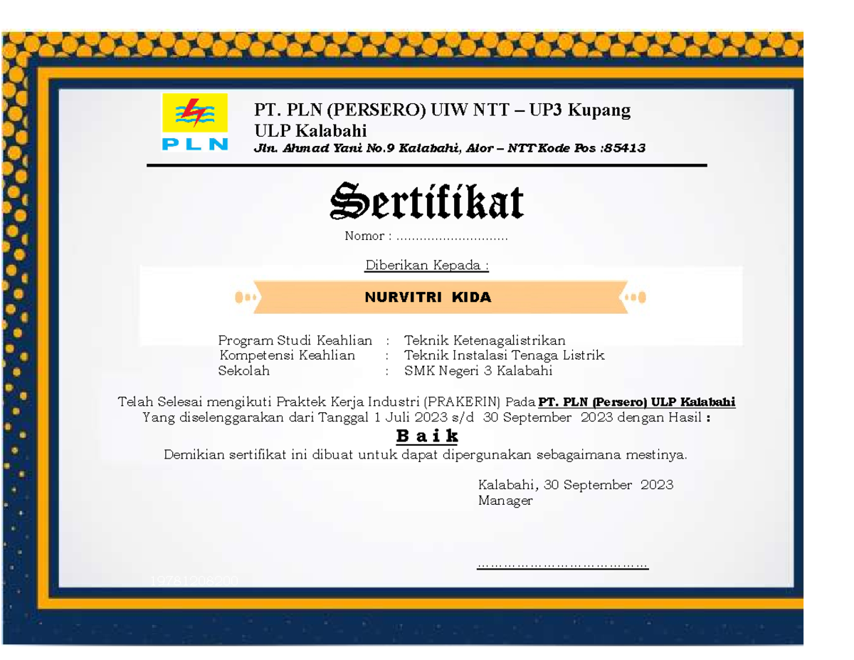 Contoh Serti Listrik - PT. PLN (PERSERO) ULP Kalabahi Jln. Ahmad Yani ...