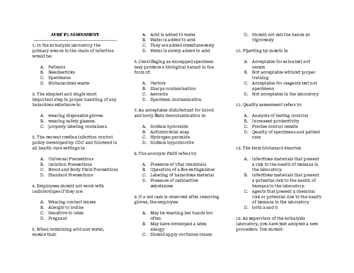 AUBF P1 Assessment - AUBF P1 ASSESSMENT In the urinalysis laboratory ...