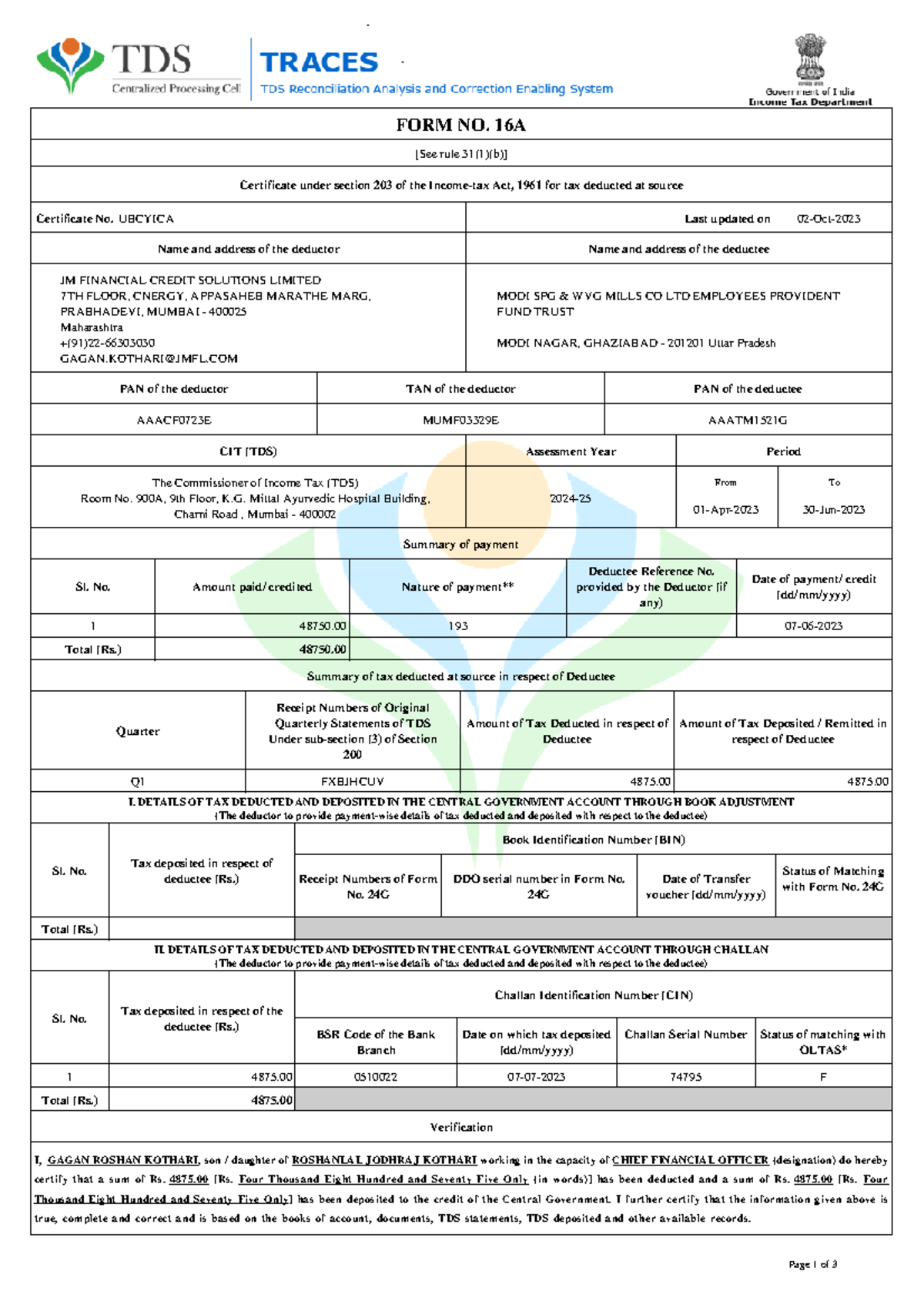 Aaatm 1521G Q1 2024-25 - FORM NO. 16A [See rule 31(1)(b)] Certificate ...