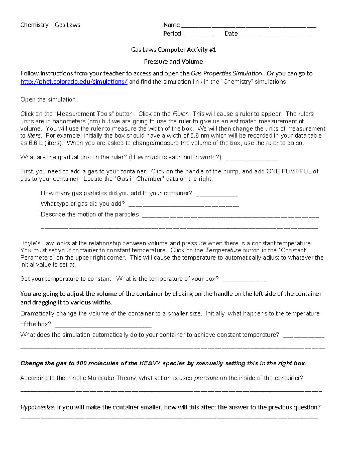 Ph ET Lab #5 - Boyle s Law (P-V) - Chemistry – Gas Laws Name - Studocu