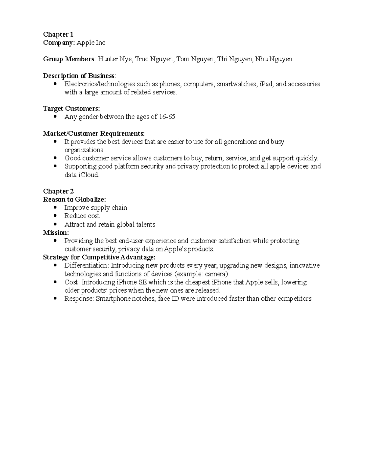 Group project report #1 - Chapter 1 Company: Apple Inc Group Members ...