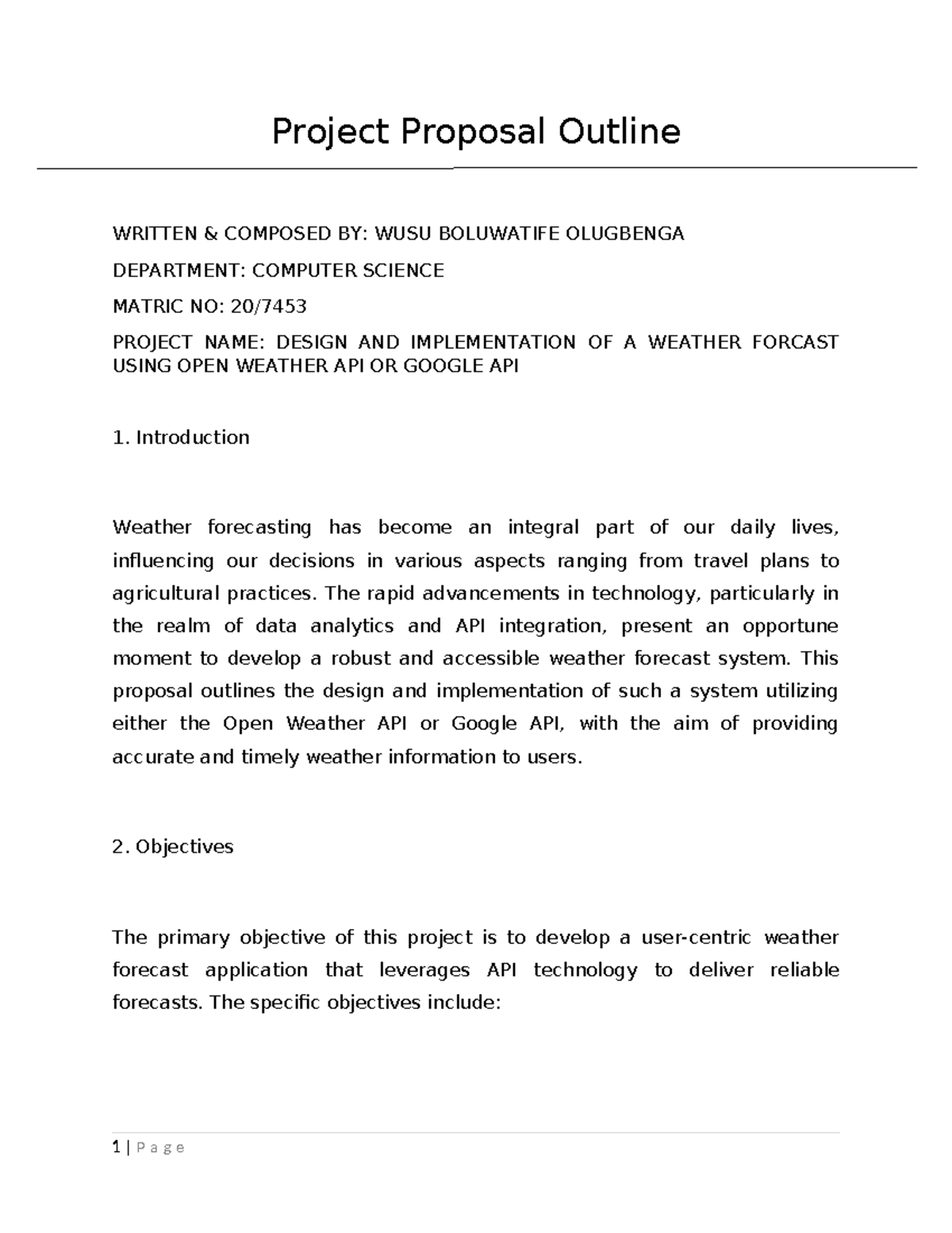 weather forecast proposal - Project Proposal Outline WRITTEN & COMPOSED ...