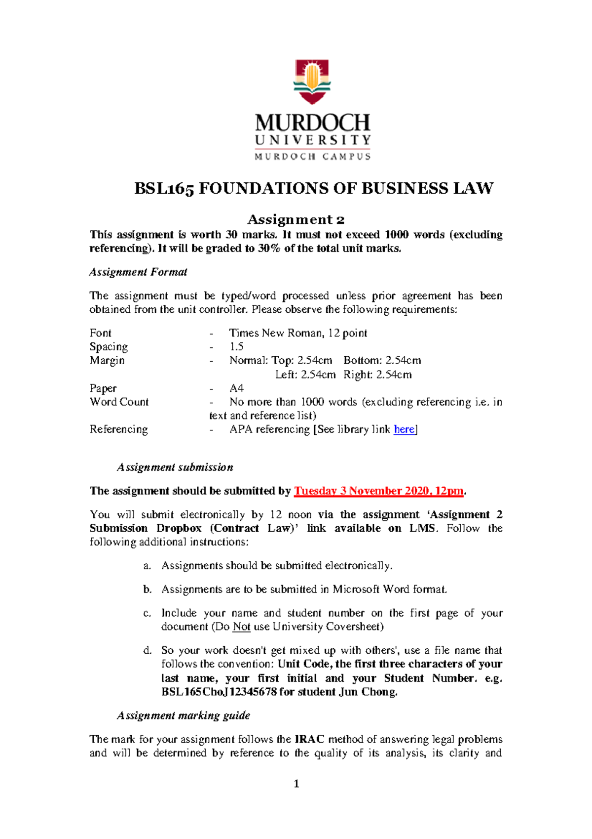 BSL165 Assign 2 s2 20 - BSL165 FOUNDATIONS OF BUSINESS LAW Assignment 2 This assignment is worth ...