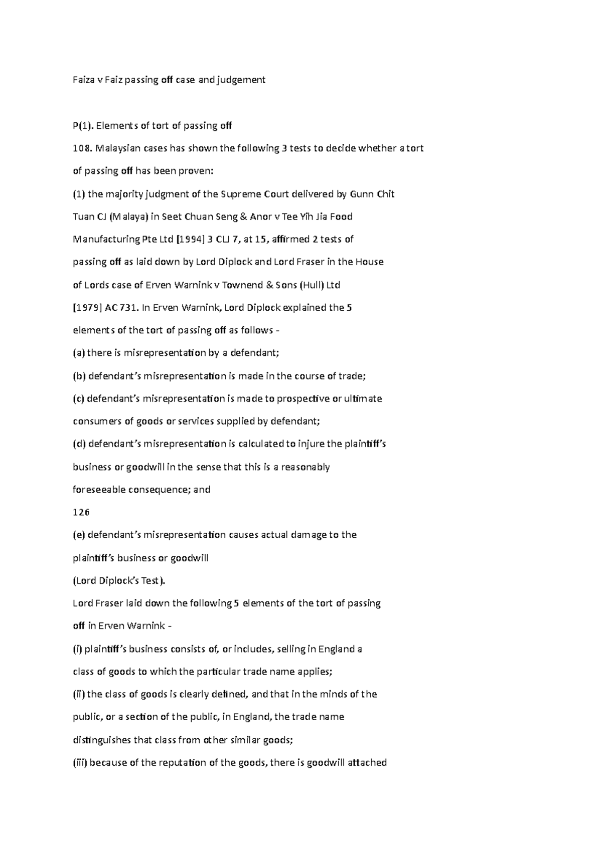 Faiza v Faiz passing off case and judgement - Elements of tort of ...