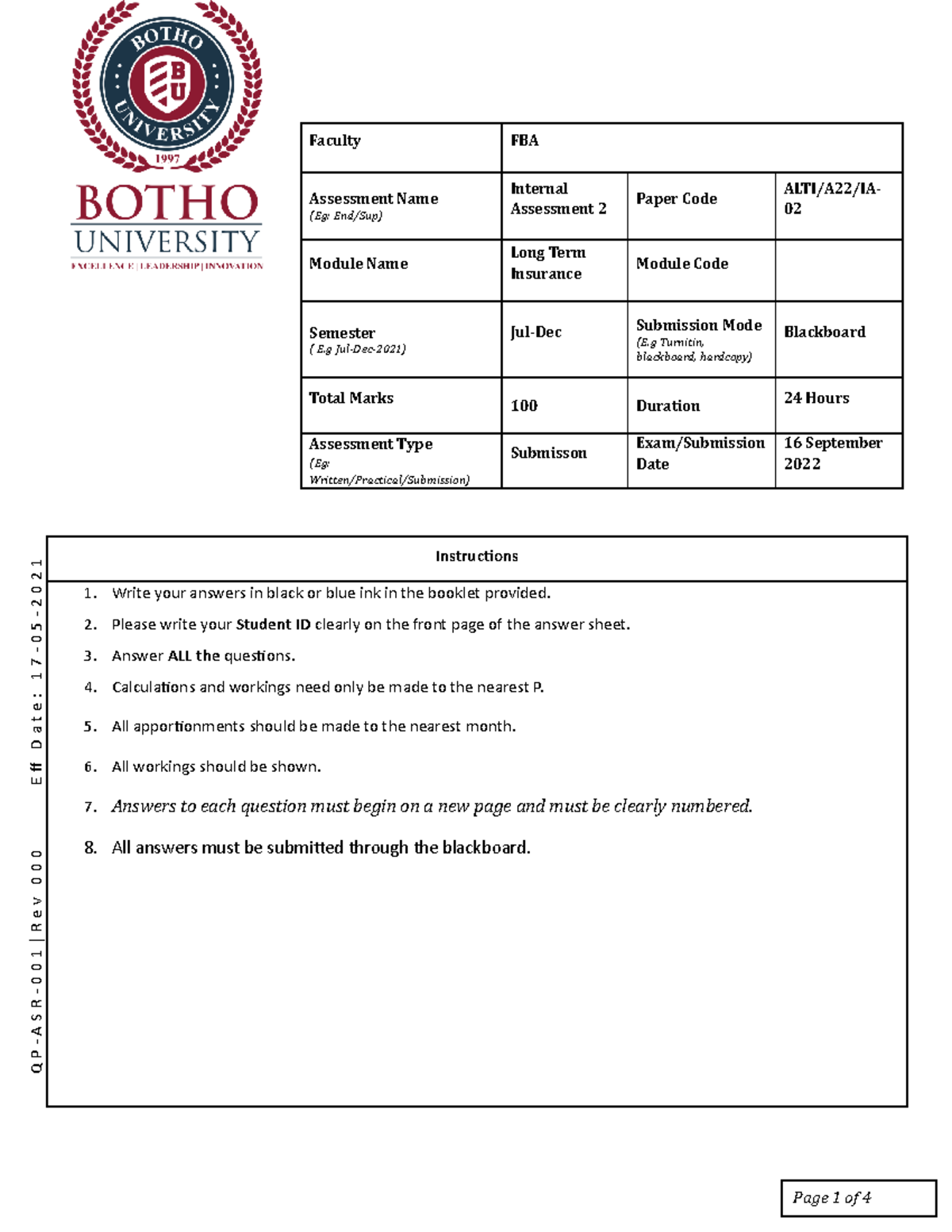 LTI IAS-02-QP-ASR-001 Exam Question Paper - Q P - A S R - 0 0 1 | R e v 0 0 0 E f D a t e : 1 7 ...