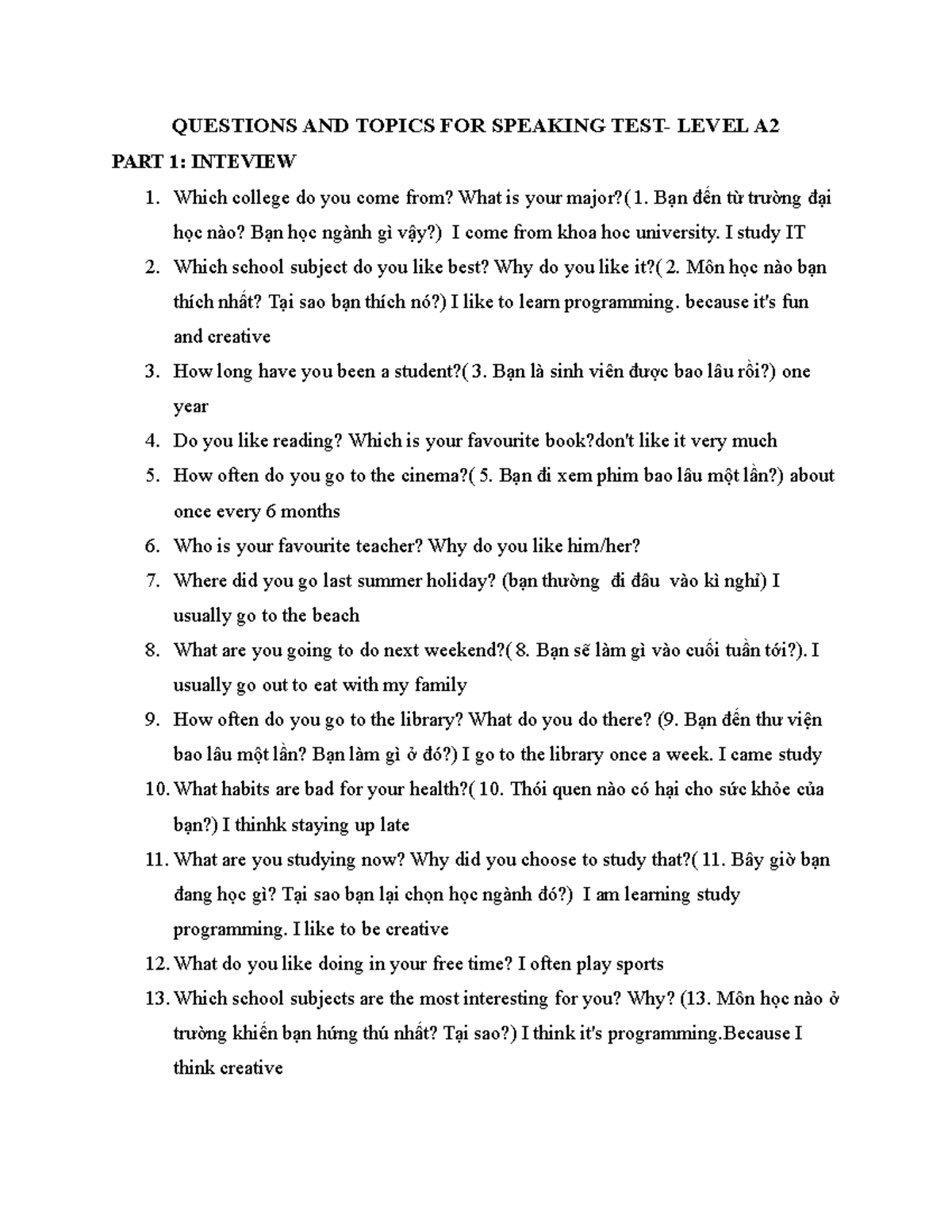Questions AND Topics FOR Speaking TEST A2 - QUESTIONS AND TOPICS FOR ...