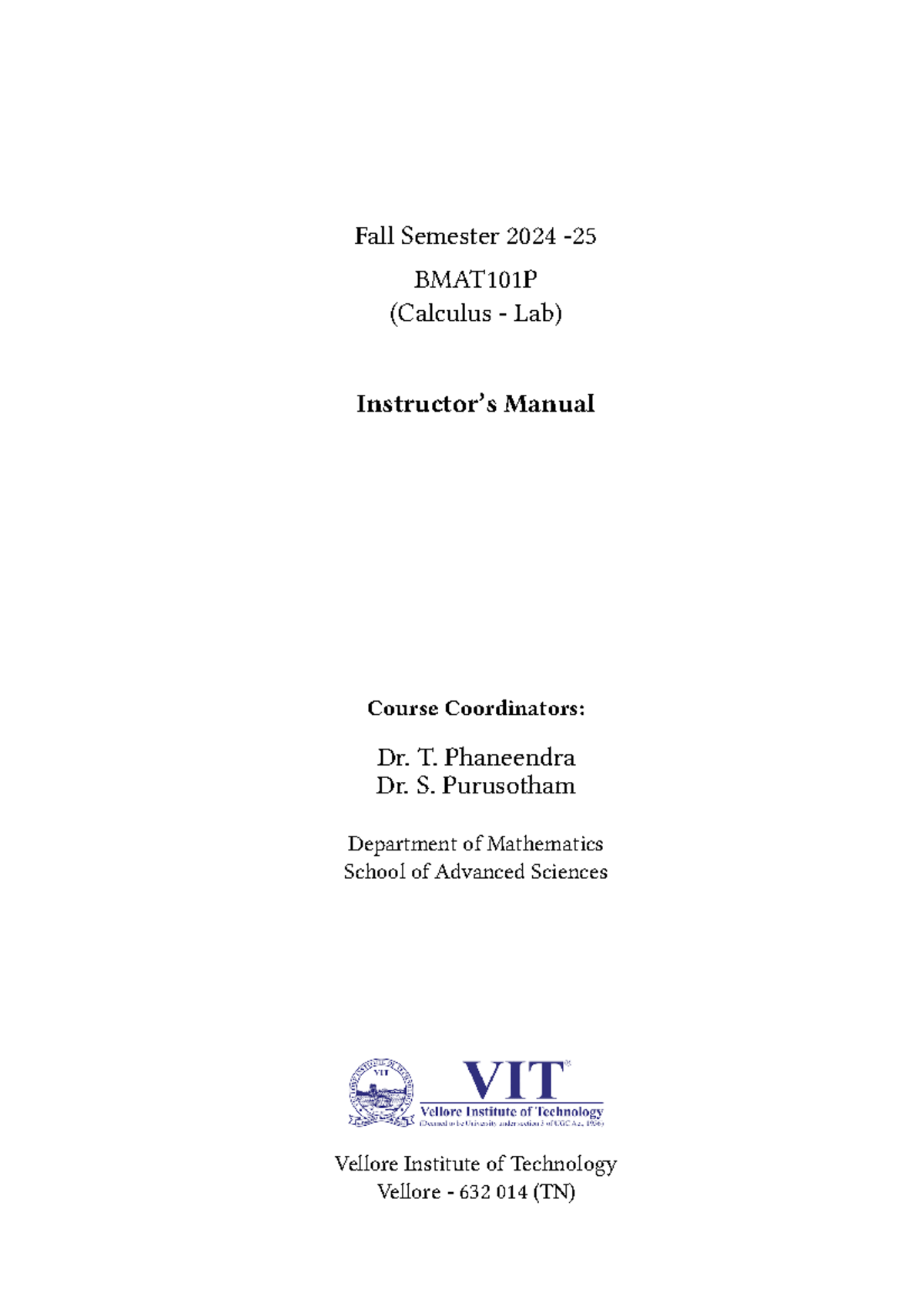Matlab manual - yes - Fall Semester 2024 - BMAT101P (Calculus - Lab) Instructor’s Manual Course ...