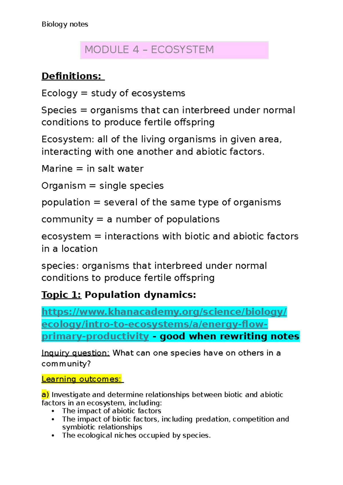 Biology module 4 notes - Ecosystem dynamics - Definitions: Ecology ...