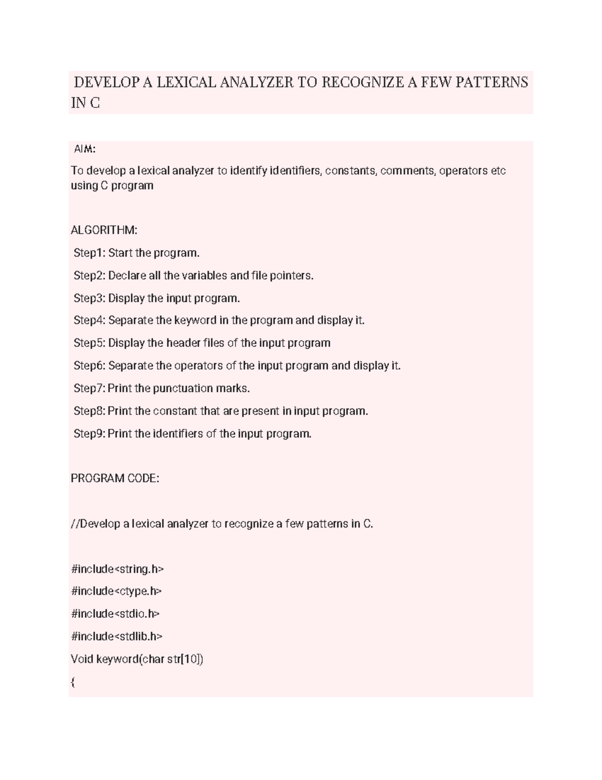CD - COMPILER - DEVELOP A LEXICAL ANALYZER TO RECOGNIZE A FEW PATTERNS ...