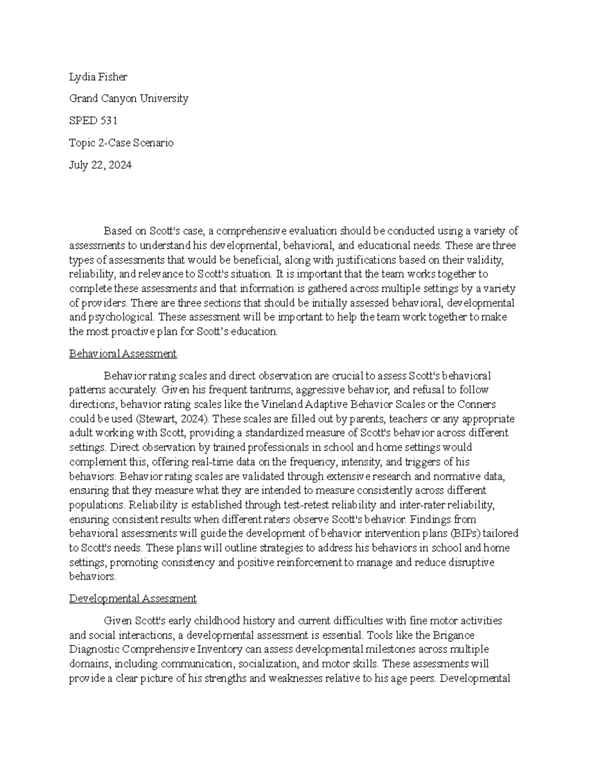 SPED 531-Topic 2 Case - 521 case study - Lydia Fisher Grand Canyon ...