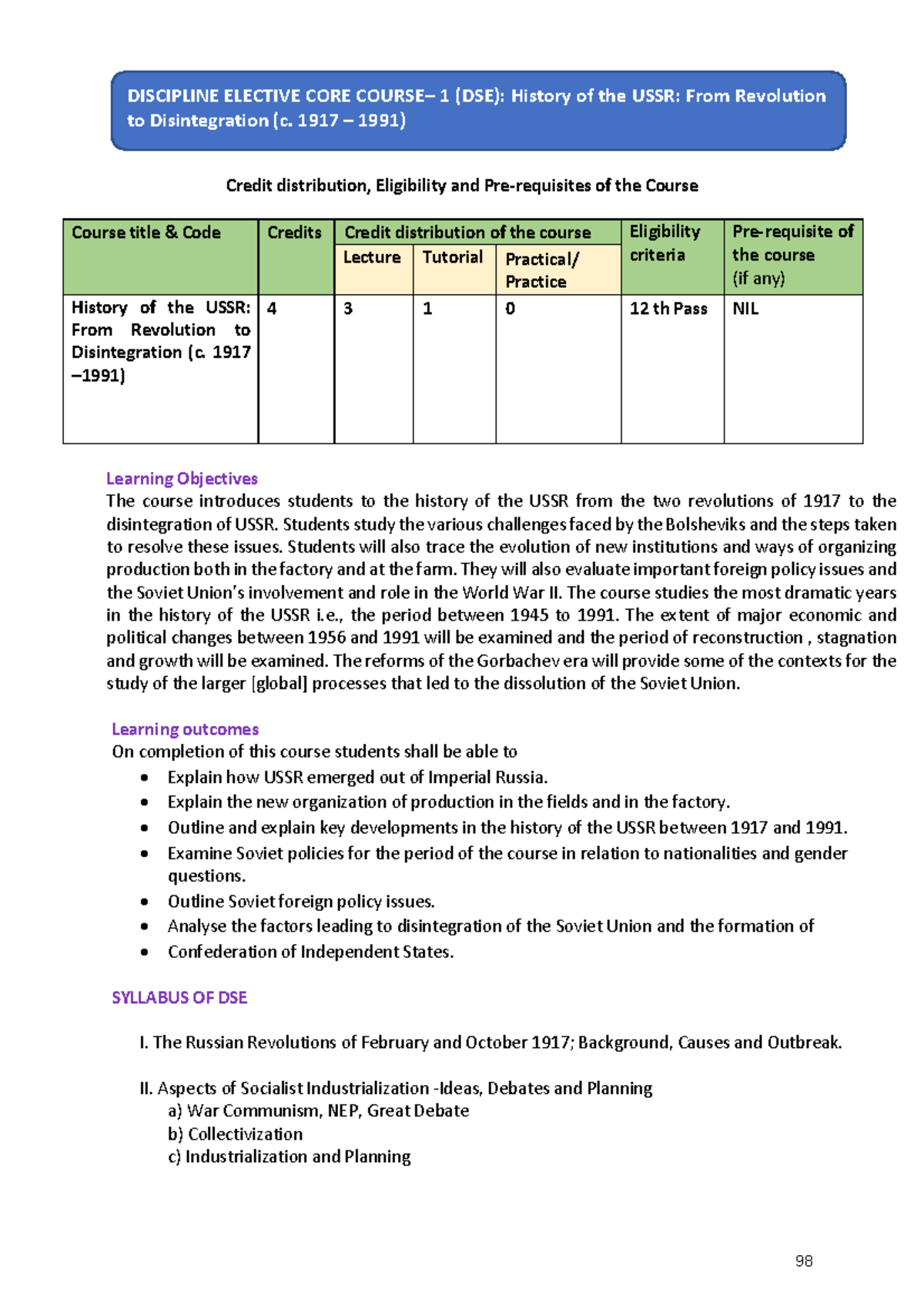 Histroy-DSE - Syllabus - Credit distribution, Eligibility and Pre ...