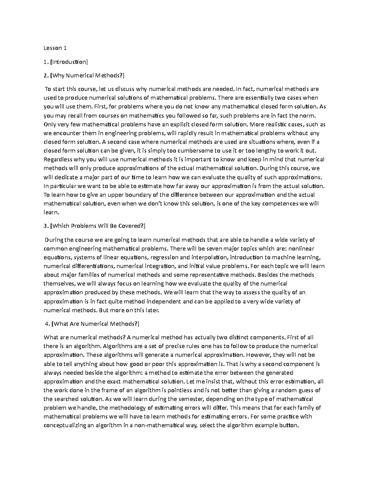 ENGR 391 Lesson 1 - transcription - Lesson 1 [Introduction] [Why Numerical Methods?] To start ...