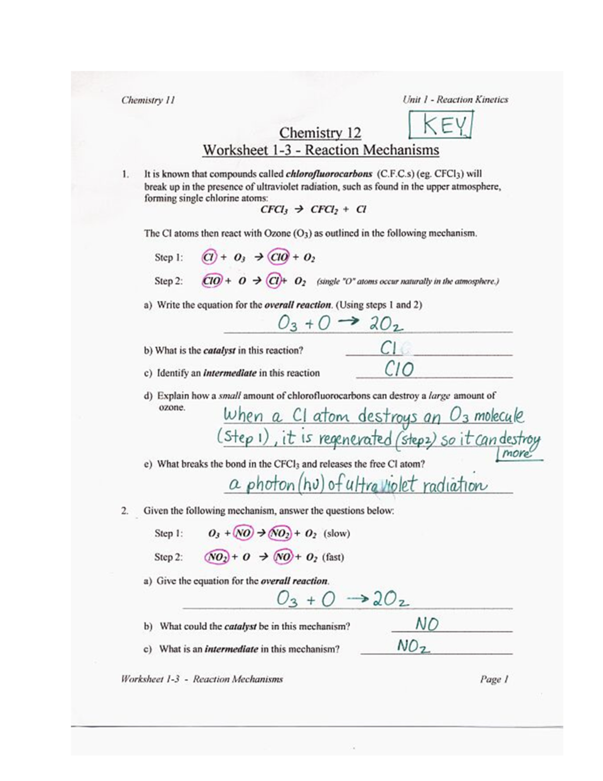 Worksheet 1 3 Reaction Mechanisms key - Chemistry 11 Unit Reaction ...