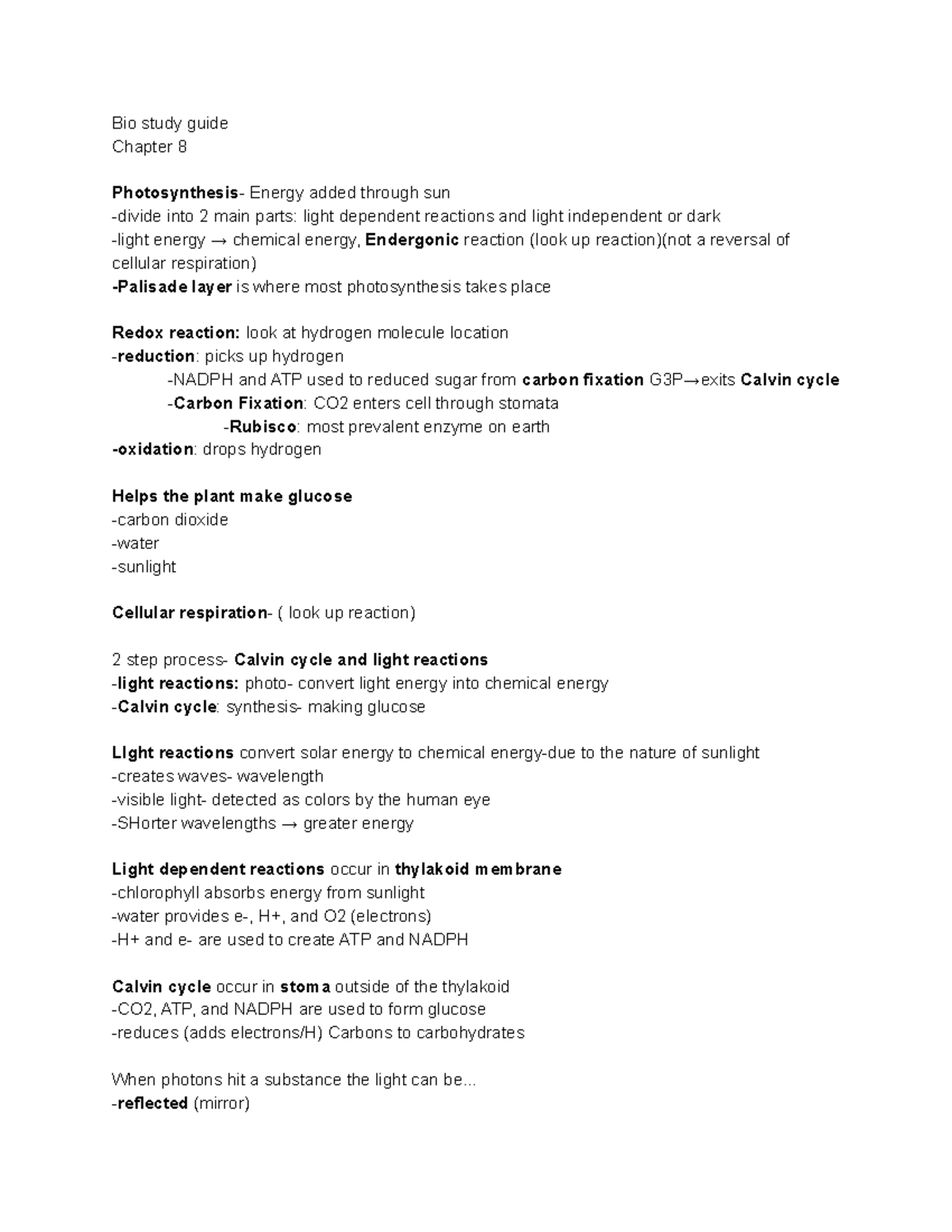 Bio study guide ch 8 - Bio study guide Chapter 8 Photosynthesis- Energy ...