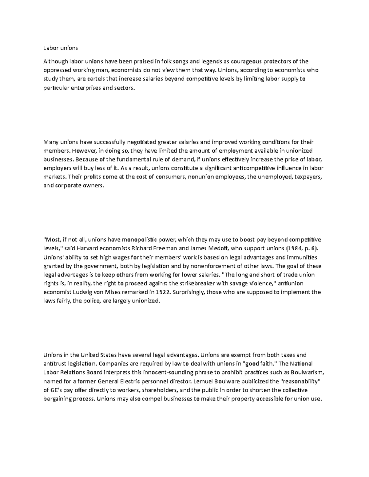 Labor unions - Unions, according to economists who study them, are ...