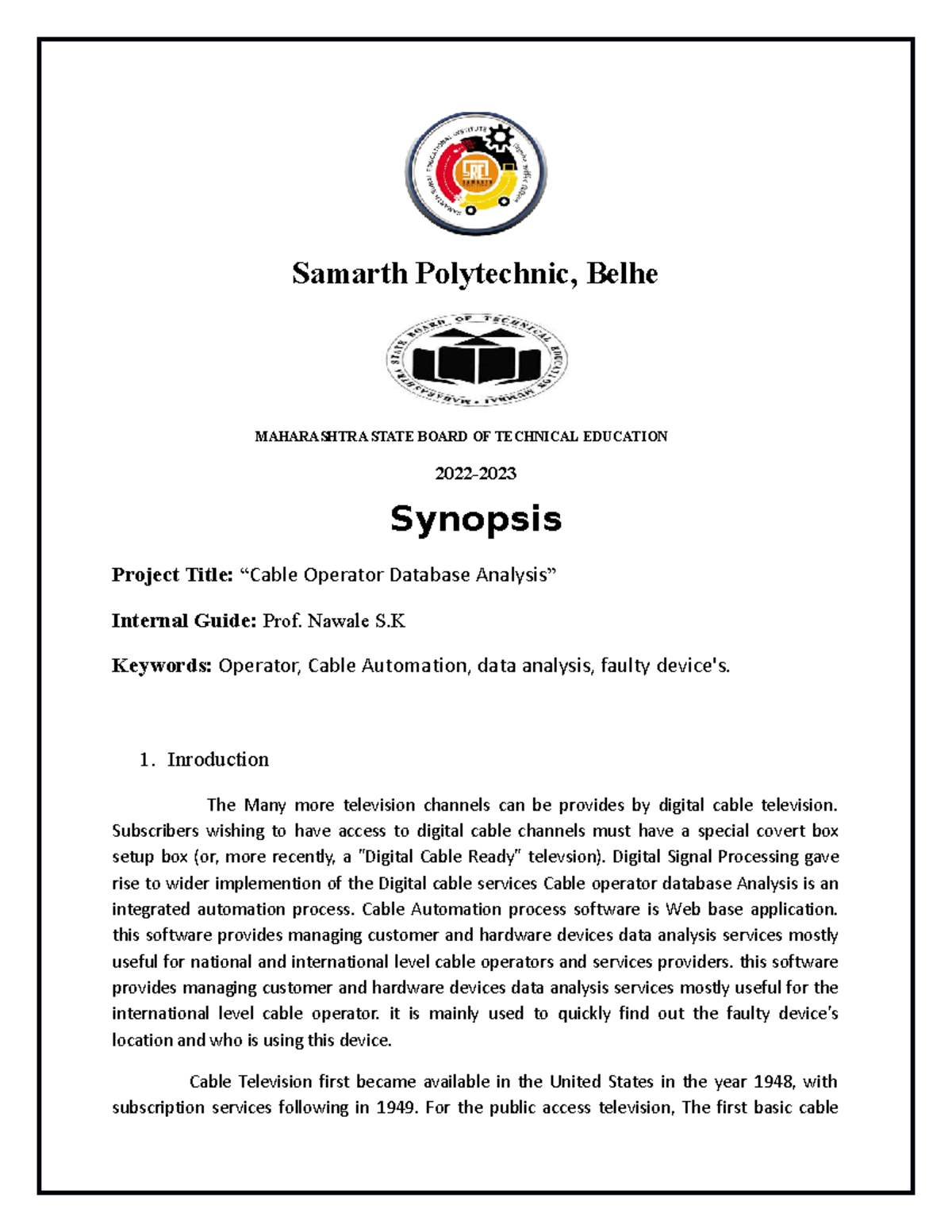 Portfolio Synopsis - Samarth Polytechnic, Belhe MAHARASHTRA STATE BOARD OF TECHNICAL EDUCATION ...