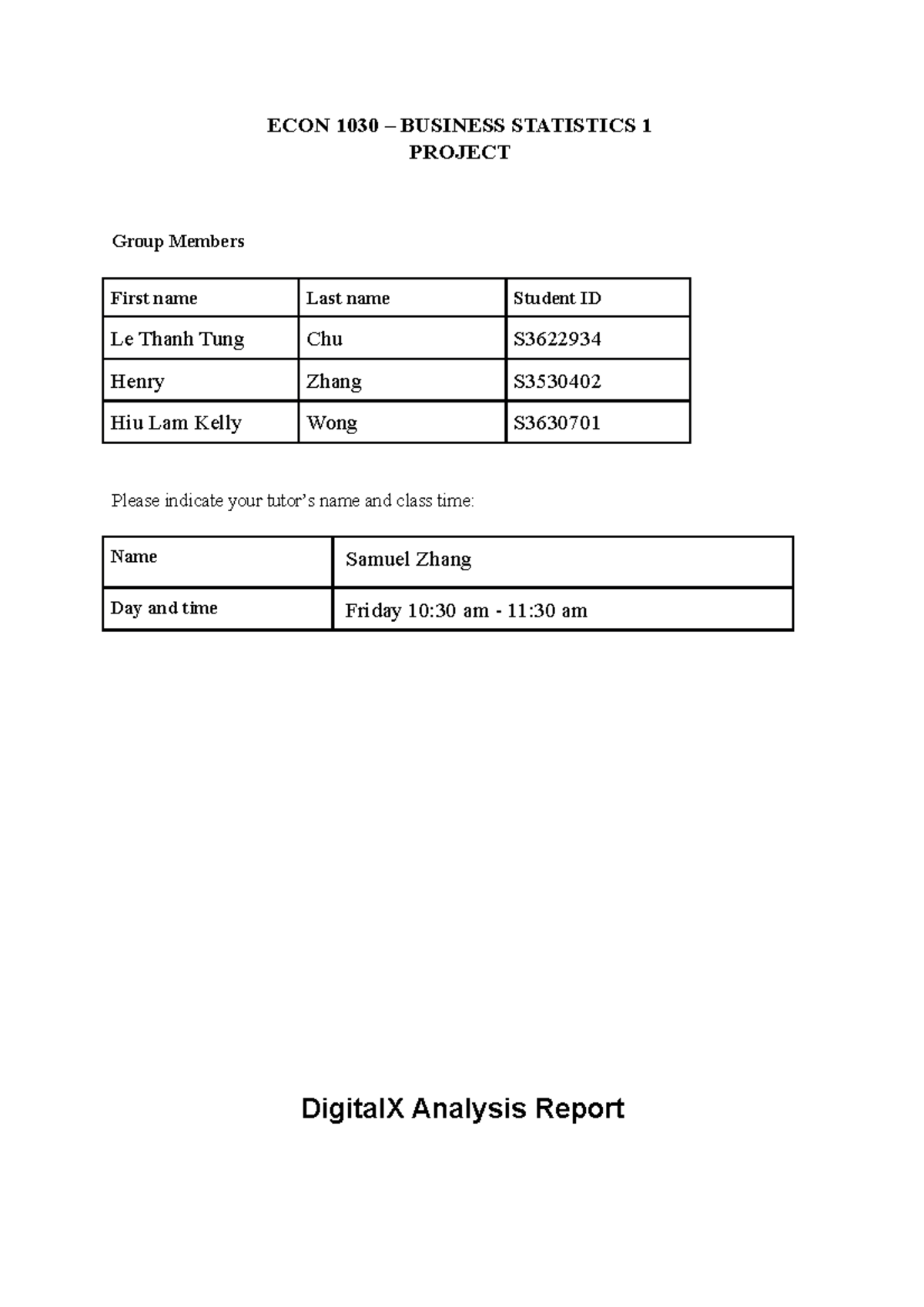 Business Statistic 1 project - ECON 1030 BUSINESS STATISTICS 1 PROJECT ...