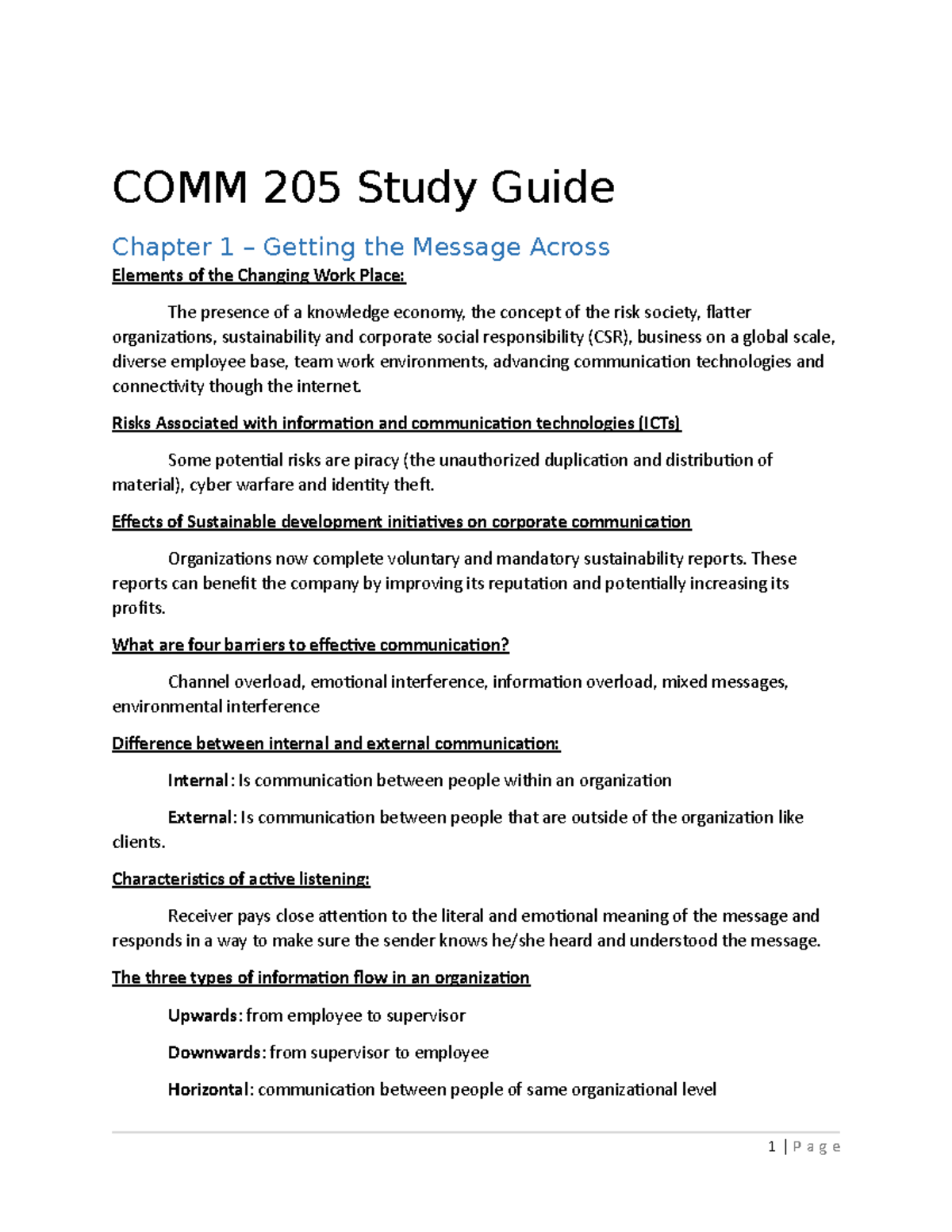 COMM 205 Study Guide - COMM 205 Study Guide Chapter 1 – Getting the Message Across Elements of ...