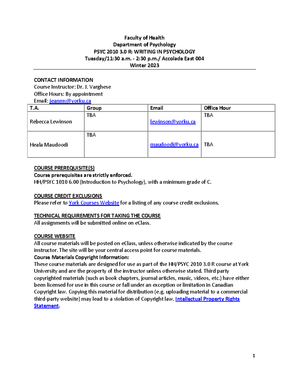 PSYC-2010 R W2023-Varghese - Faculty of Health Department of Psychology PSYC 2010 3 R: WRITING ...