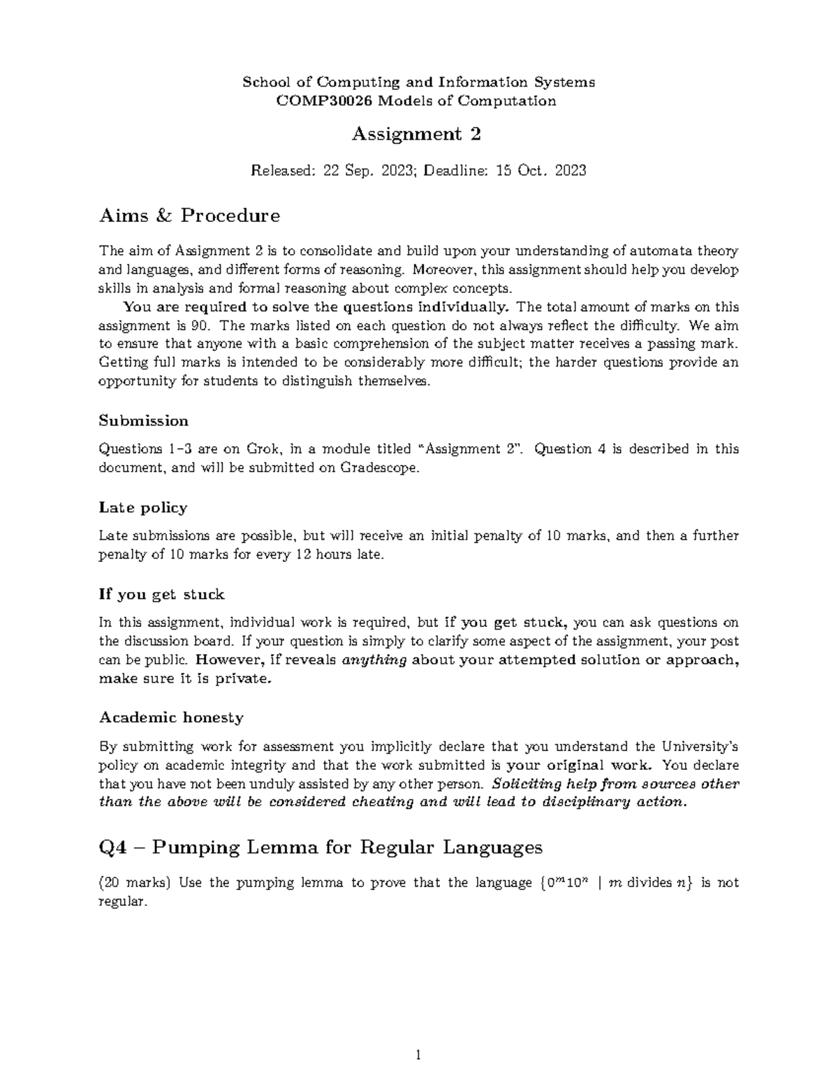 Asg2 - Models of Computation assignment - School of Computing and Information Systems COMP30026 ...