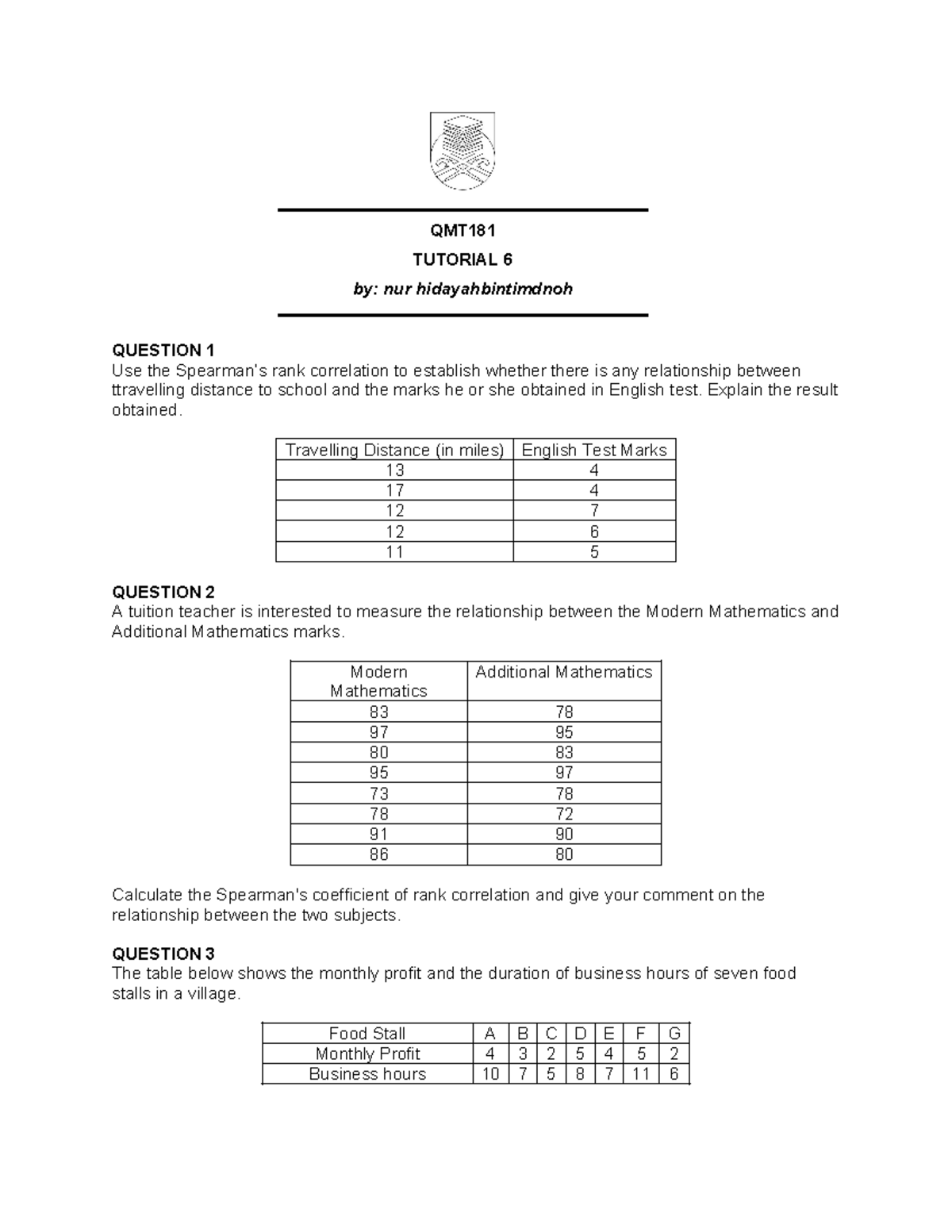 Tutorial 6 chapter 3 - QMT TUTORIAL 6 by: nur hidayahbintimdnoh QUESTION 1 Use the Spearman’s ...