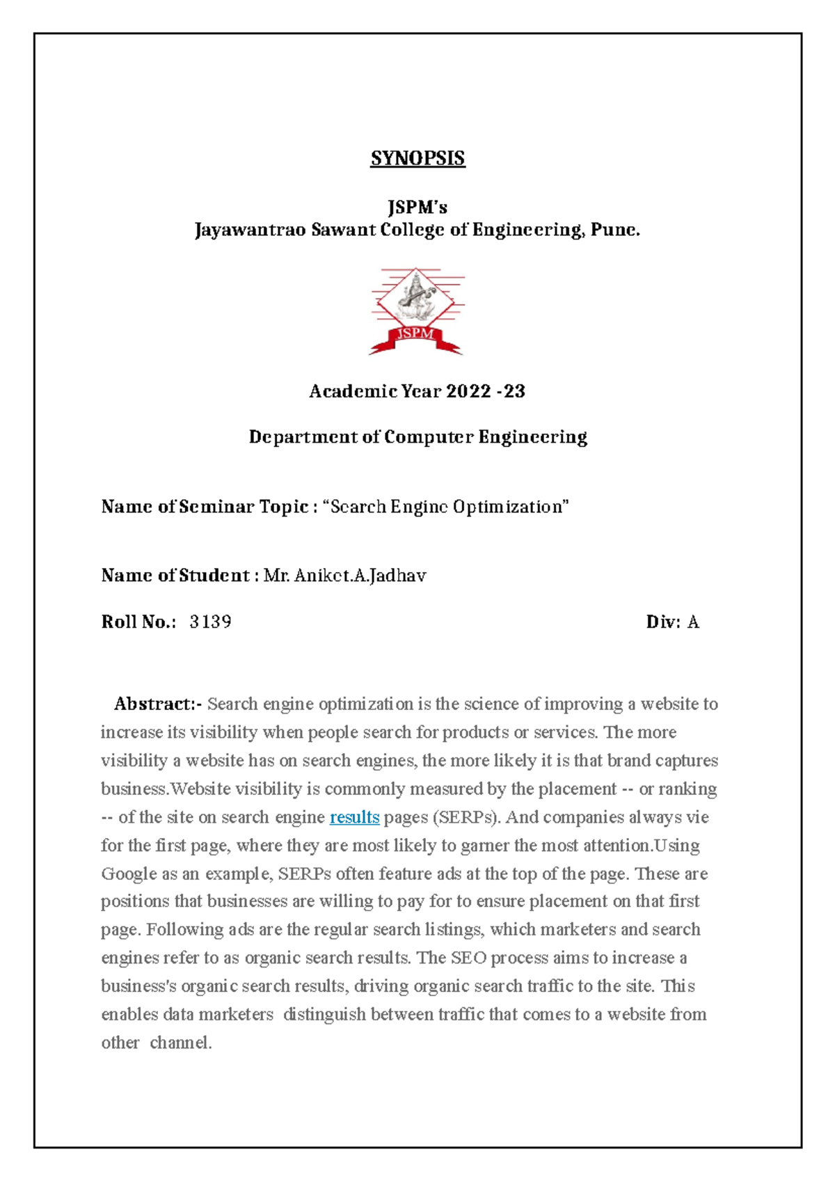 Synopsis SEO - it is synposis of the seminar on this topic - SYNOPSIS ...