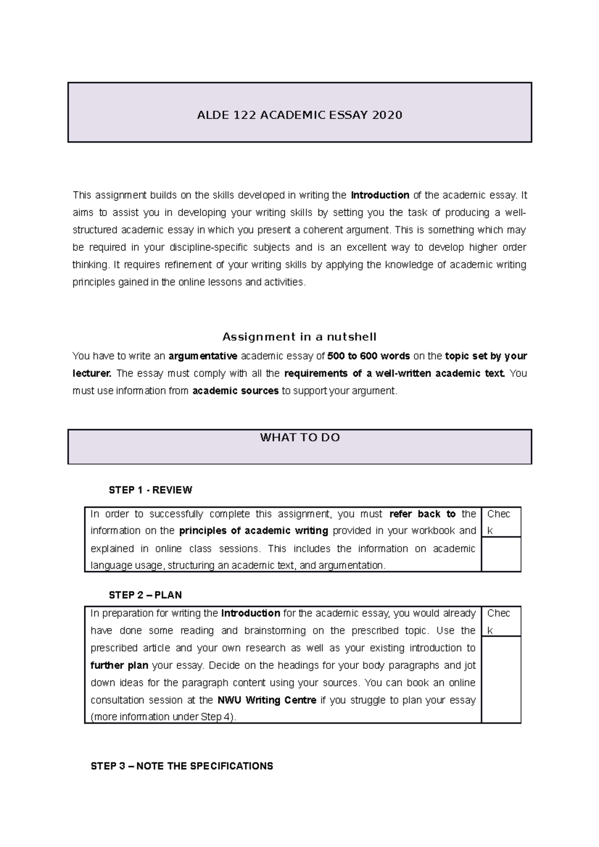 ALDE 122 Academic Essay - Checklist 2020 - ALDE 122 ACADEMIC ESSAY 2020 ...