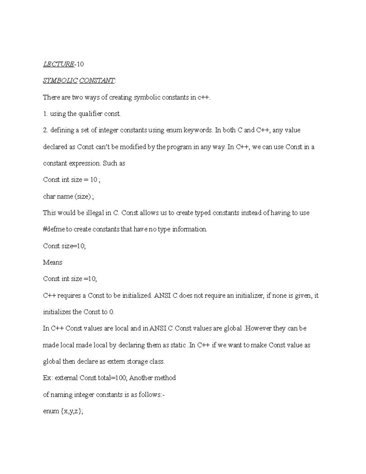 Document 10 Lecture Note Of Cpp Symbolic Constant There Are Two Ways Of Creating Symbolic 