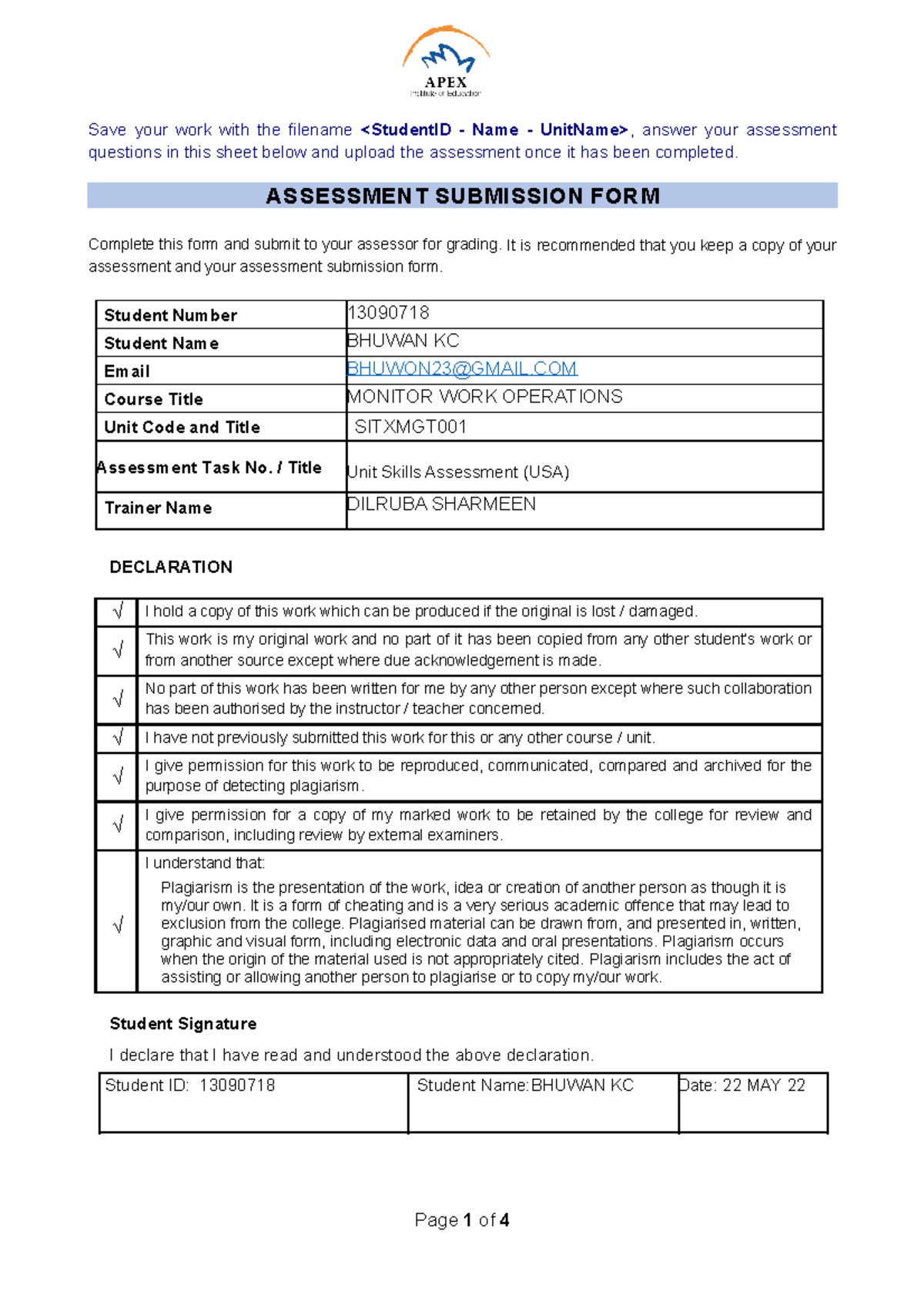 Monitor WORK Operation - Save your work with the filename , - Studocu