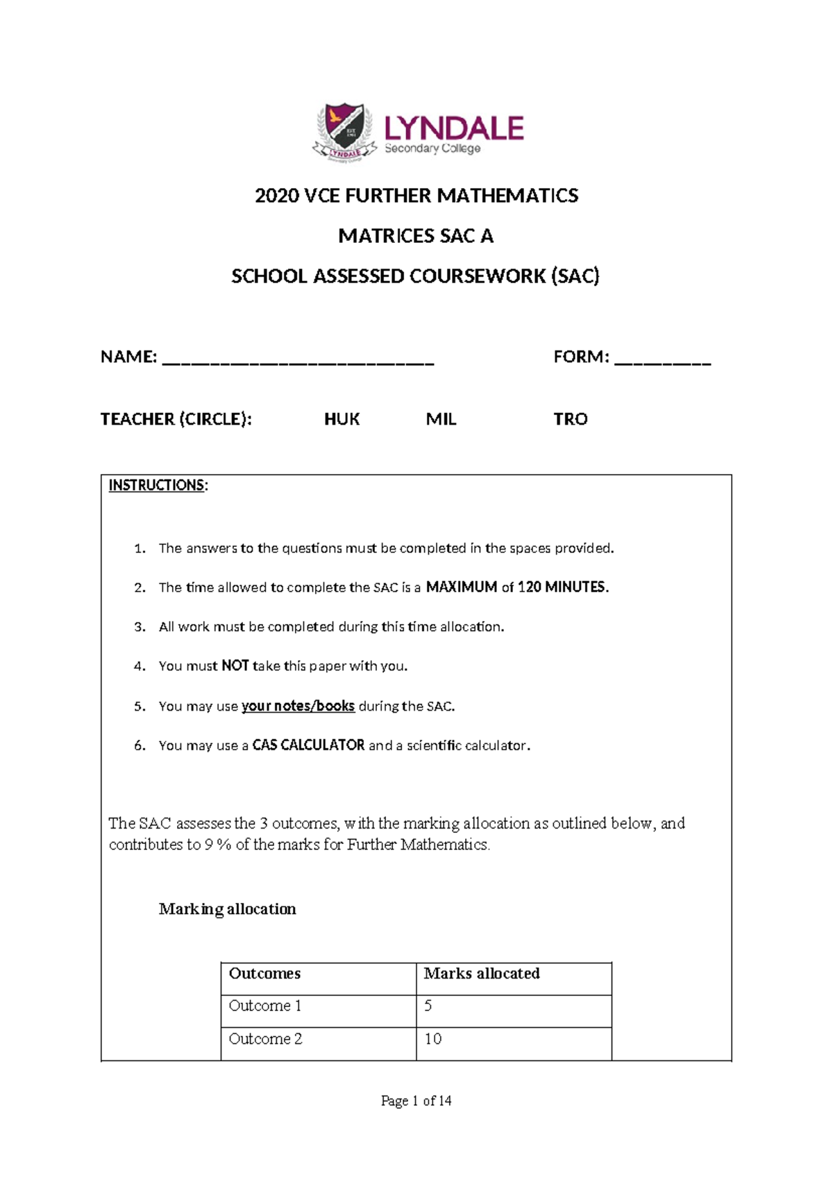 2020 SAC Final - maths sac - 2020 VCE FURTHER MATHEMATICS MATRICES SAC ...