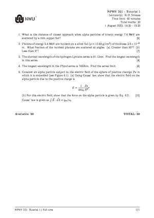 NPHY 221 TUT 2 - Tutorials - NPHY 221 - Tutorial 2 Lecturer(s): R. Strauss Time limit: 60 ...