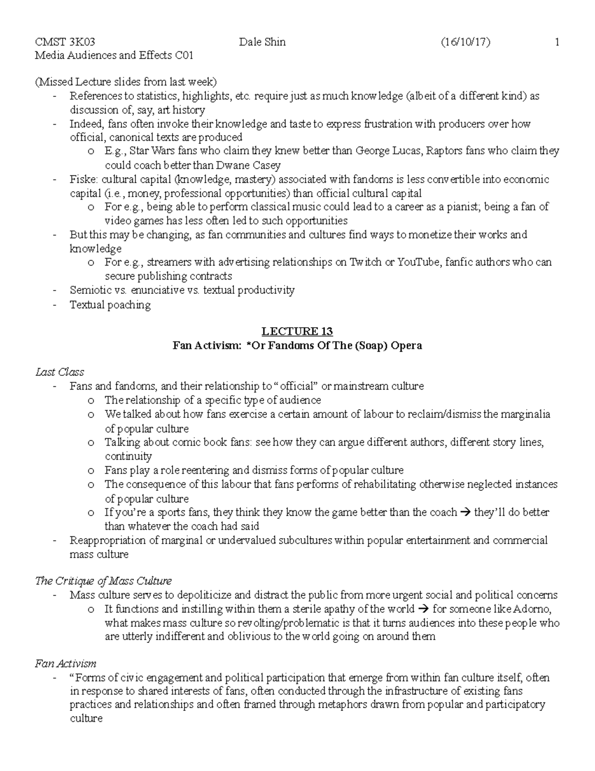 Lecture 13 - Fan Activism - CMST 3K03 Media Audiences and Effects C01 ...
