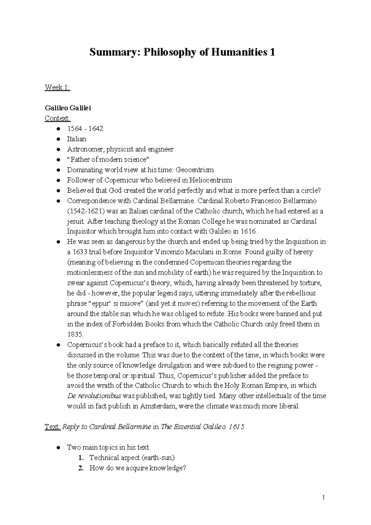 Summary Philosophy of Humanities 1 - Cardinal Roberto Francesco ...