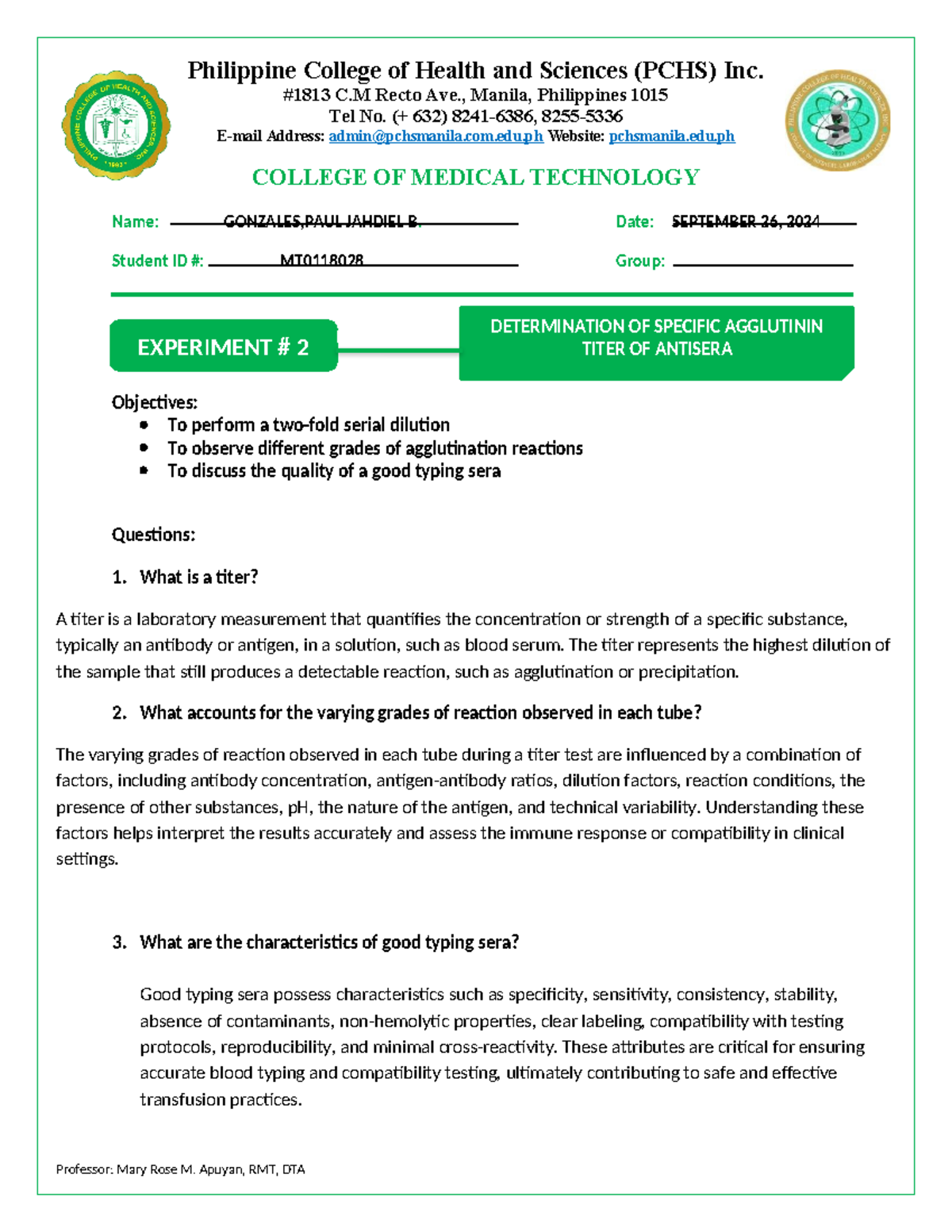 Gonzales Lab Ex # 2 - Grading of Agglutination Reactions - Philippine ...